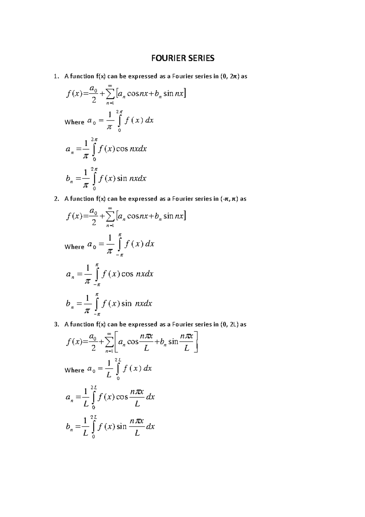Ss - formula - FOURIER SERIES A function f(x) can be expressed as a ...