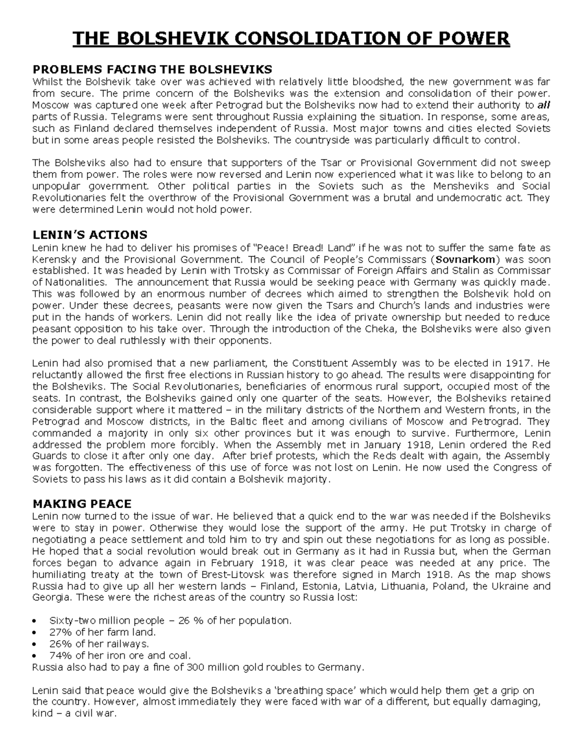 The Bolshevik Consolidation of Power - THE BOLSHEVIK CONSOLIDATION OF ...