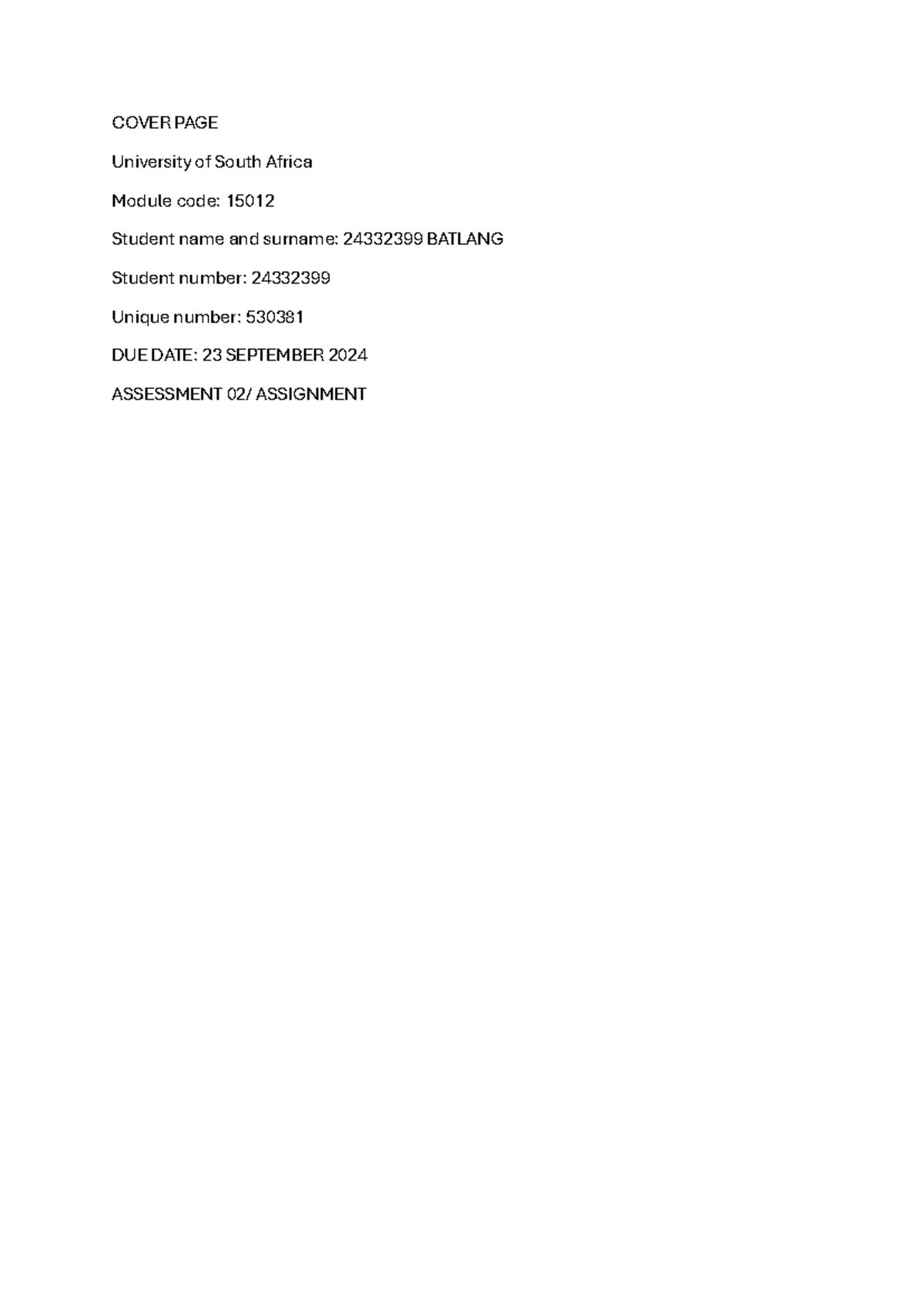 A Batlang 24332399 POL1502 - COVER PAGE University of South Africa ...