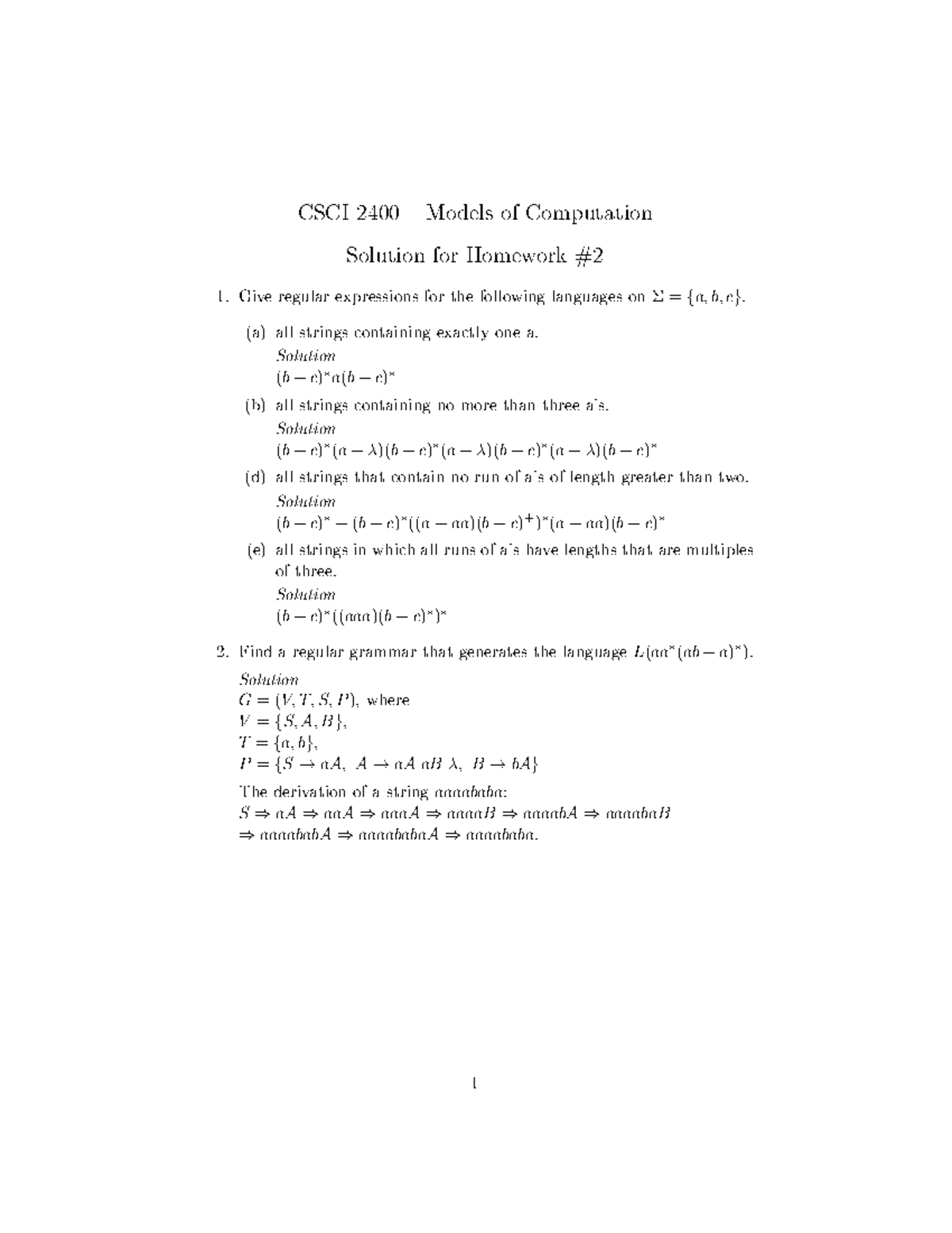 Solution 2 - Summary Computer Science & Engineering - CSCI 2400 { Mo dels of Computation ...