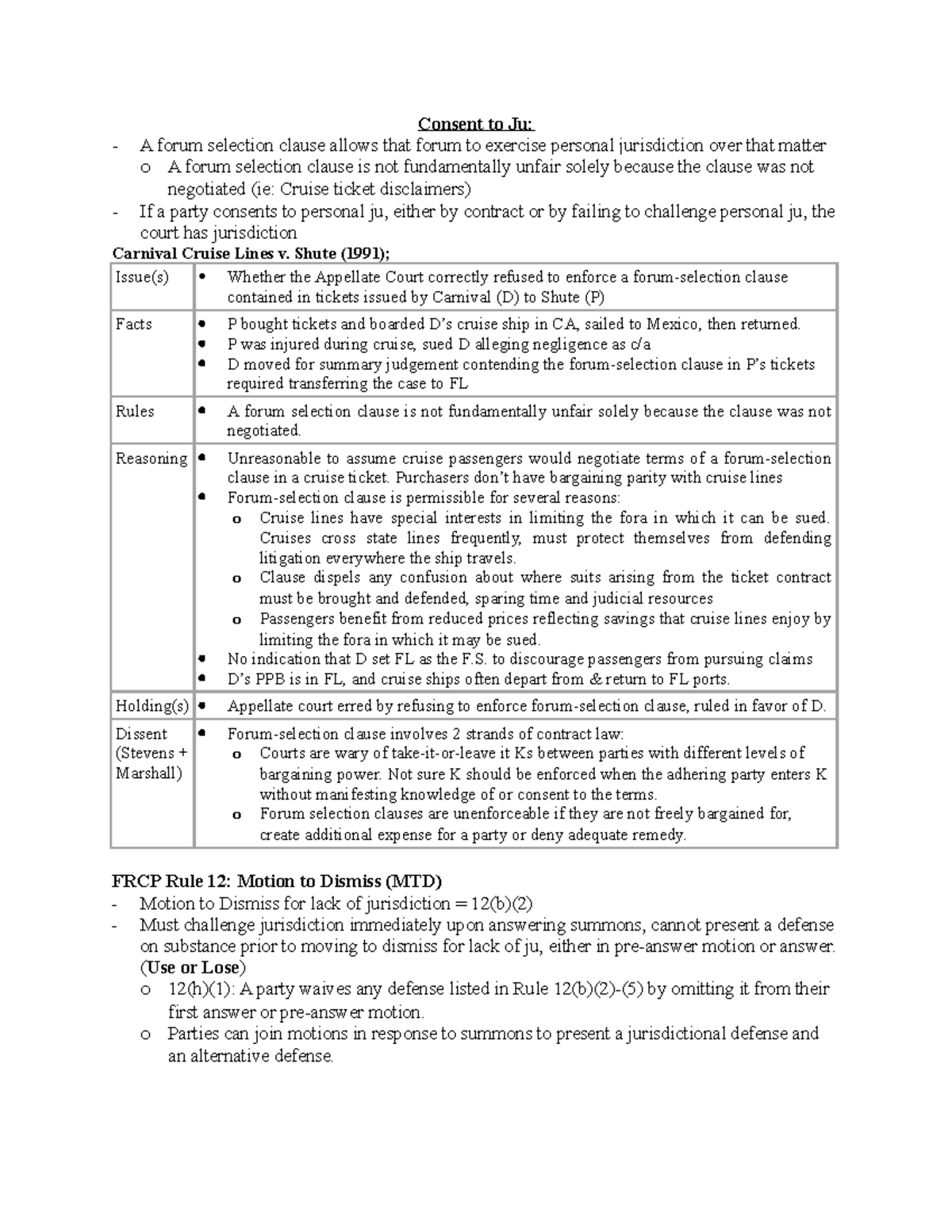 Mechanics of Ju Outline - Consent to Ju: - A forum selection clause ...
