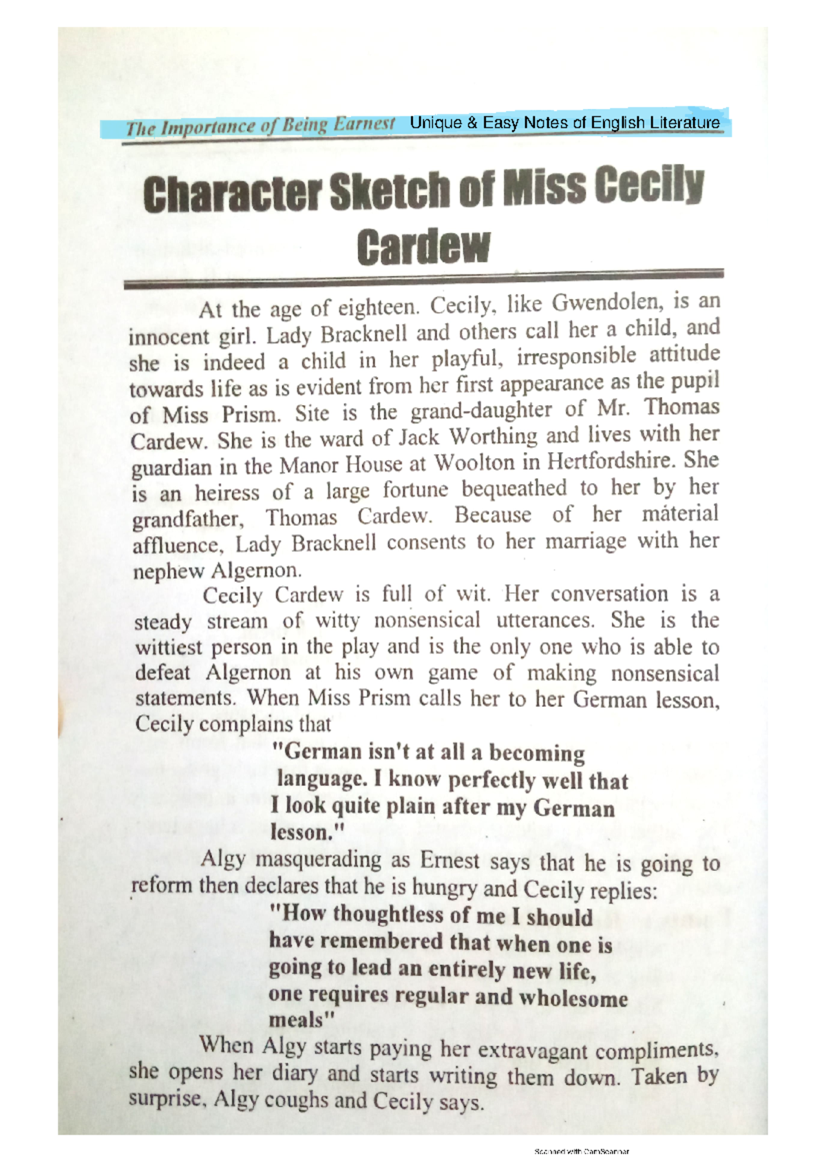 Character Sketch of Miss Cecily Cardew in The Importance of Being ...