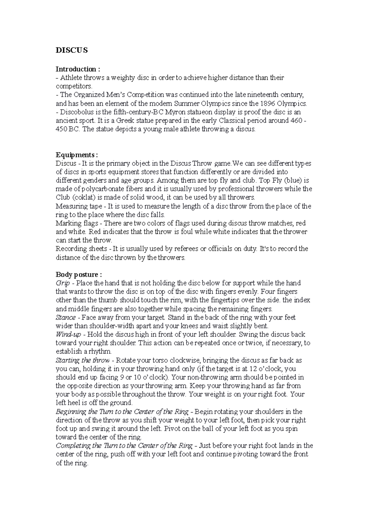 Discus & Hammmer NOTES - DISCUS Introduction : - Athlete throws a ...