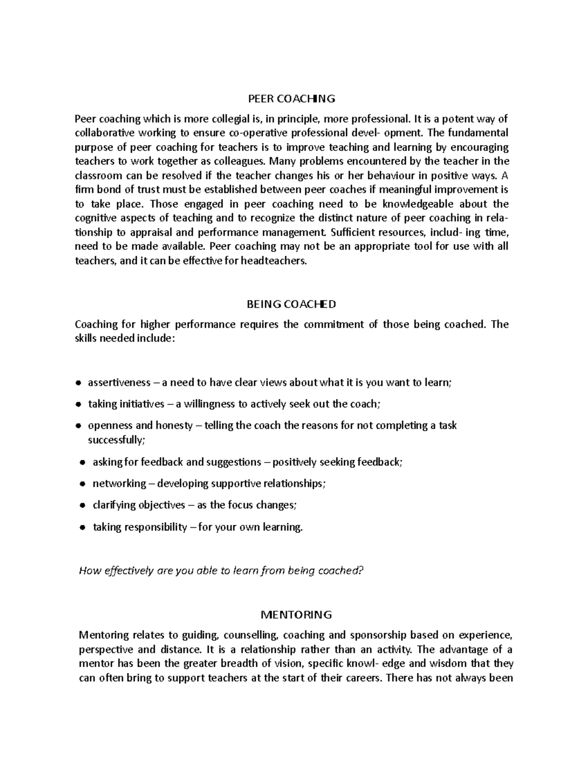 PEER Coaching - PEER COACHING Peer coaching which is more collegial is ...