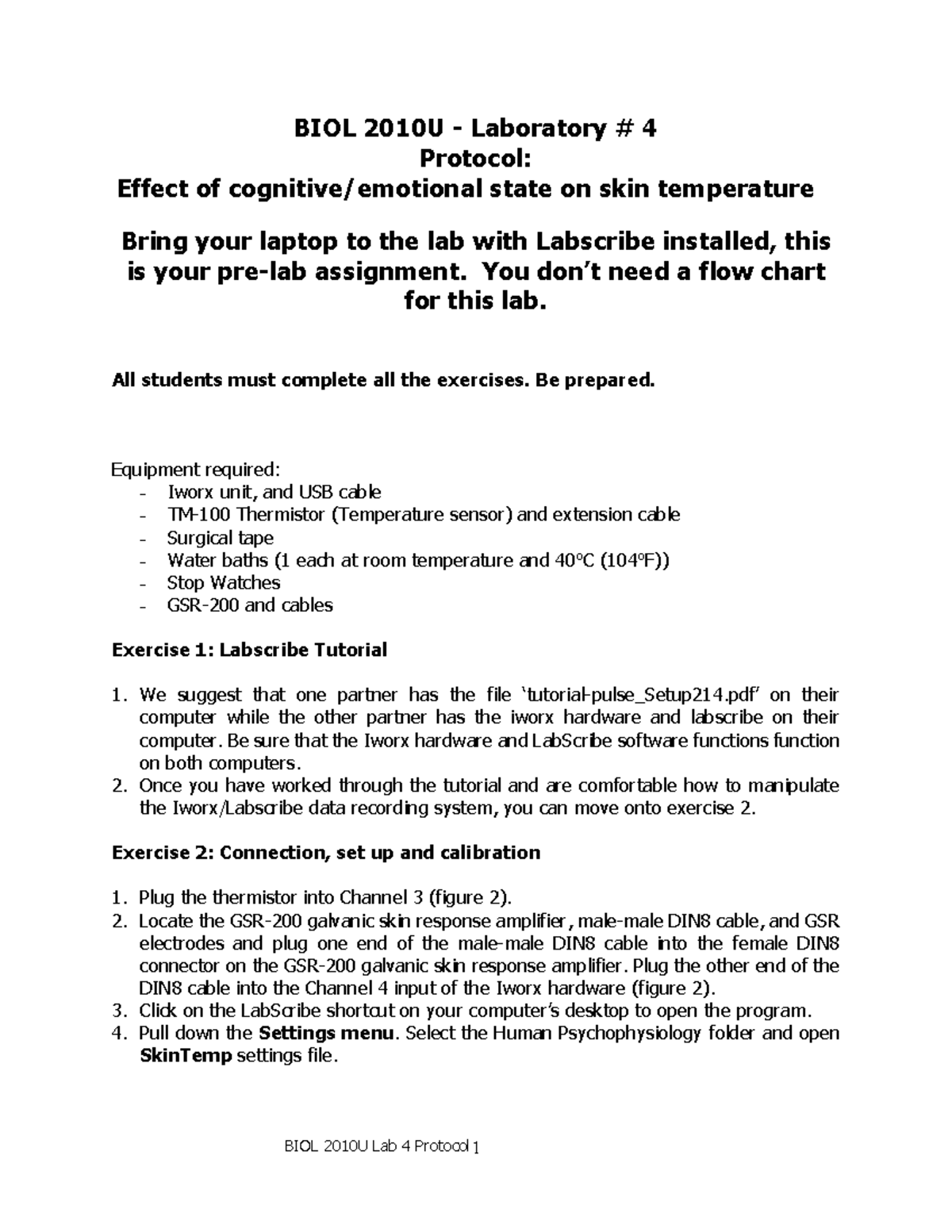Lab 4 protocol Biol 2010 U 2024 - BIOL 2010U - Laboratory # 4 Protocol ...