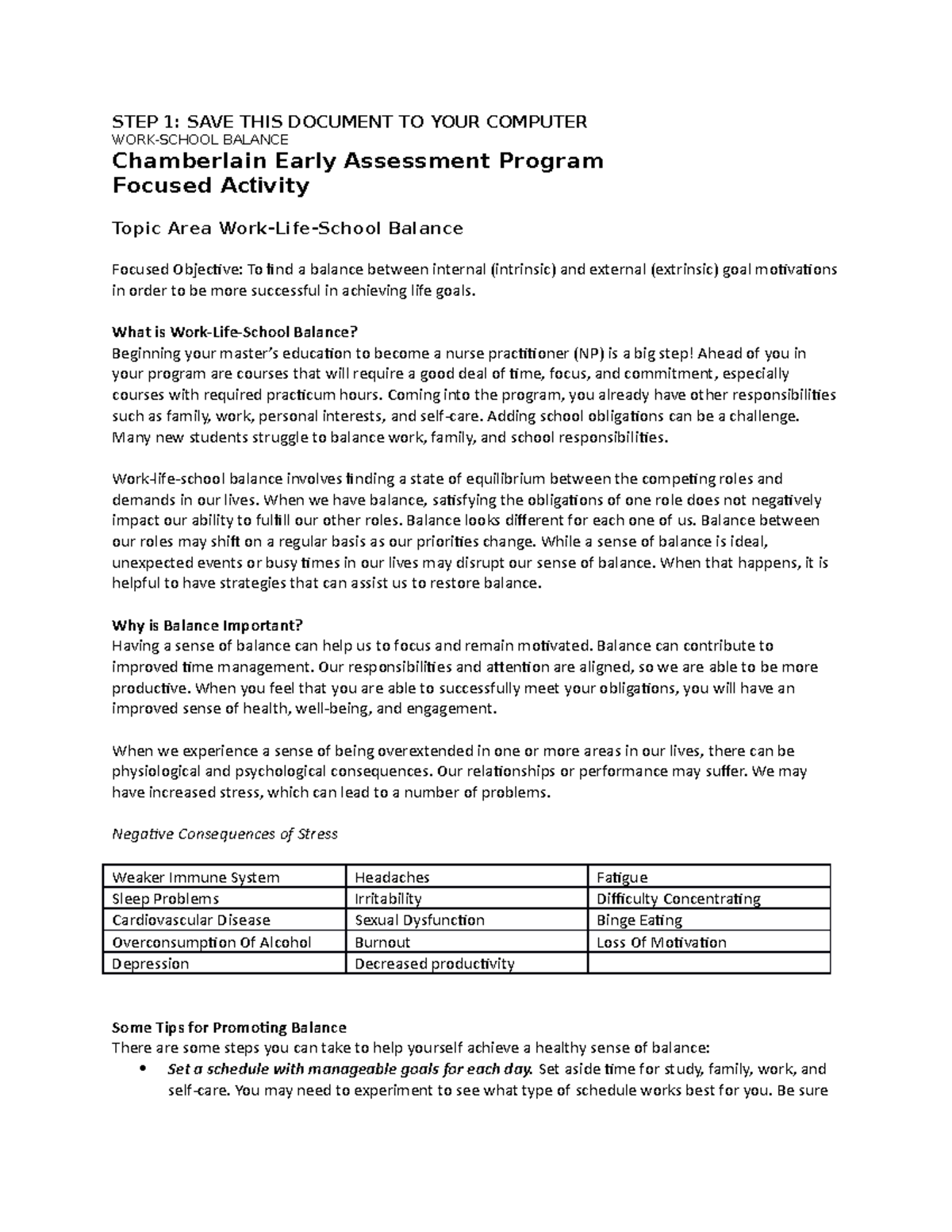 Work School Balance - STEP 1: SAVE THIS DOCUMENT TO YOUR COMPUTER WORK ...