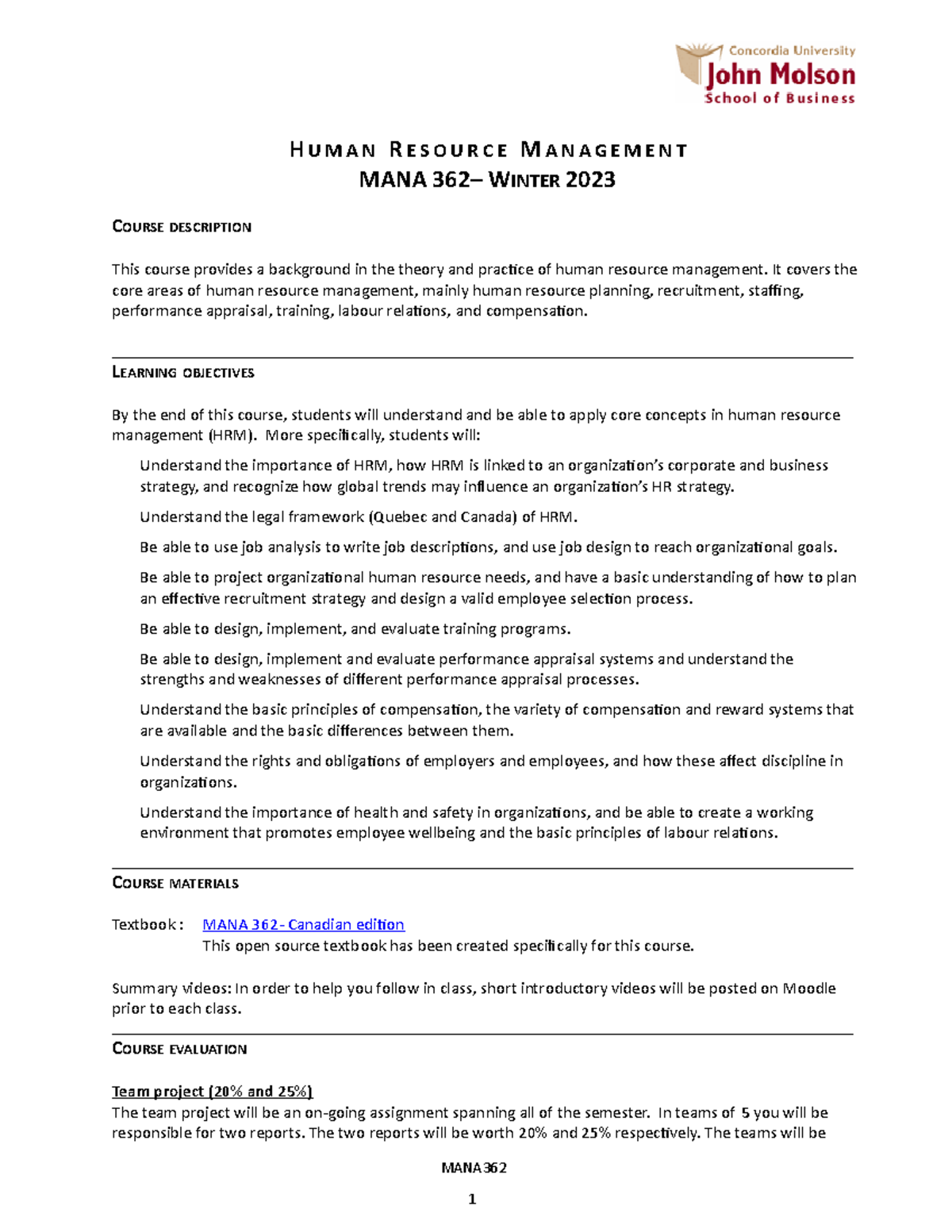 MANA 362 C Winter 2023 - outline of the course - H U M A N R E S O U R C E M A N A G E M E N T ...