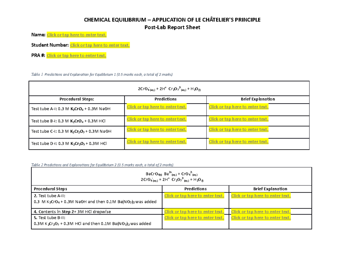 Equilibrium post lab for students - CHEMICAL EQUILIBRIUM – APPLICATION ...