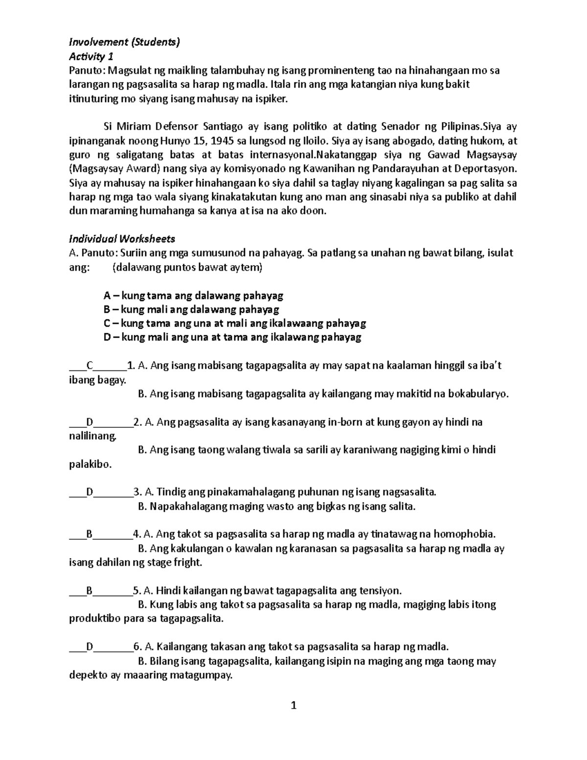 WEEK-4 - none - Involvement (Students) Activity 1 Panuto: Magsulat ng ...