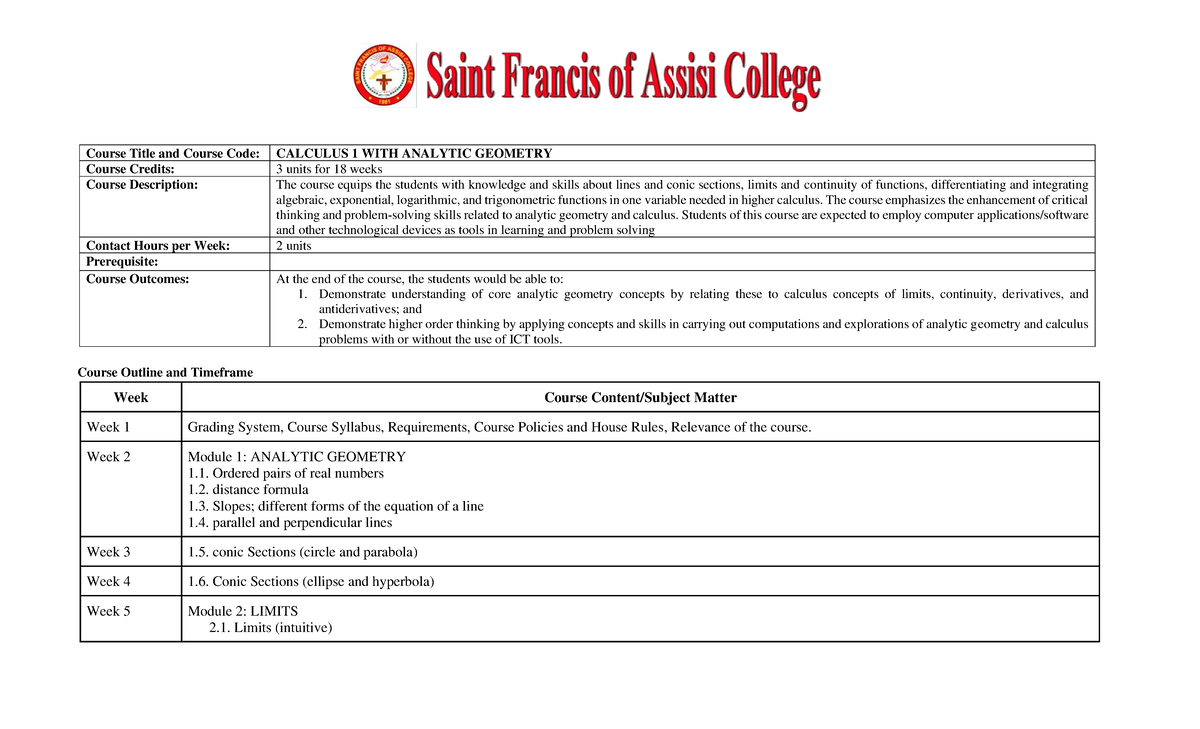 Calculus 1 - Syllabus - OBE - Course Title and Course Code: CALCULUS 1 ...