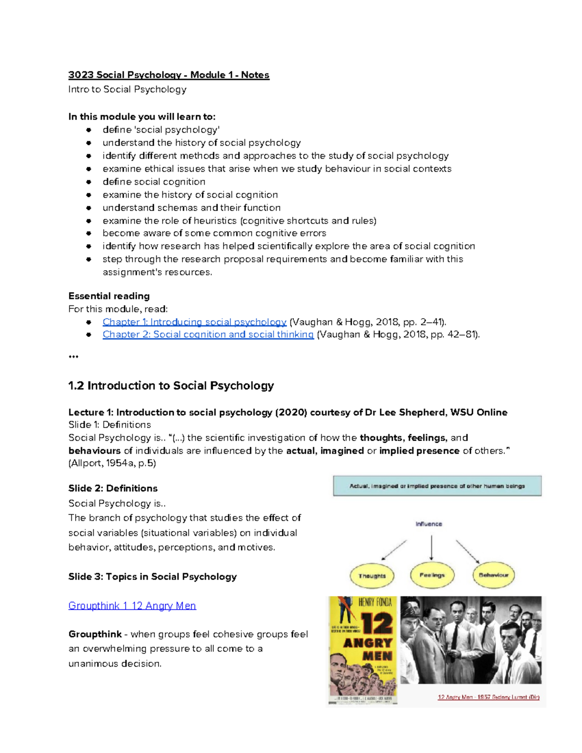 Module 1 Notes - Week 1 - Social Psychology - 3023 Social Psychology ...