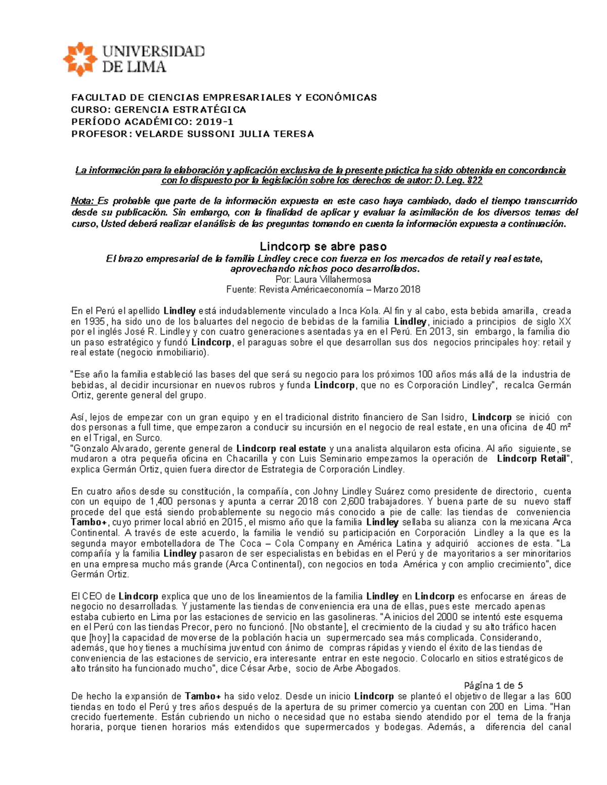 CASO - Lindcorp Grupo 4 - Cso - FACULTAD DE CIENCIAS EMPRESARIALES Y ...