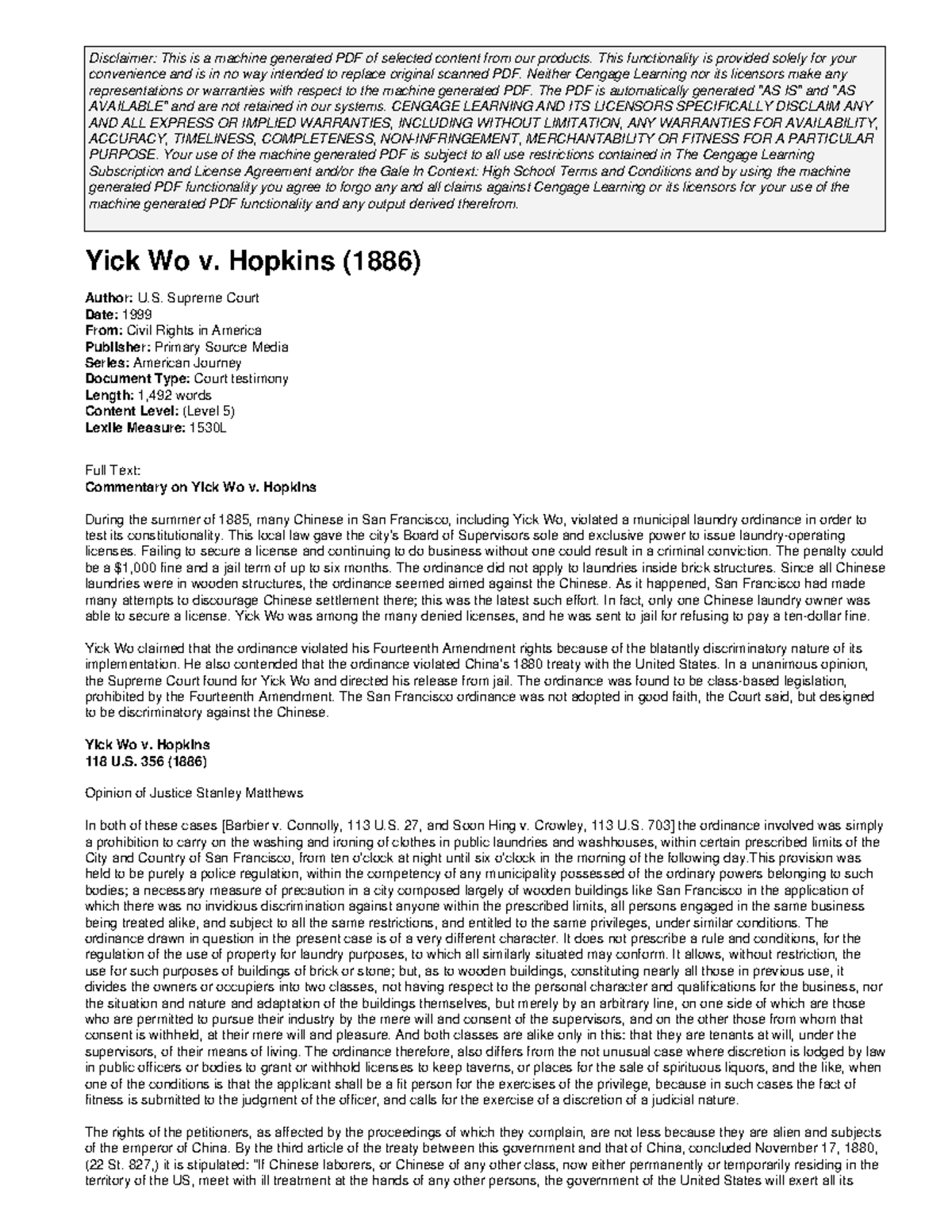 Yick Wo v Hopkins 1886 - answer for assignment - Disclaimer: This is a ...