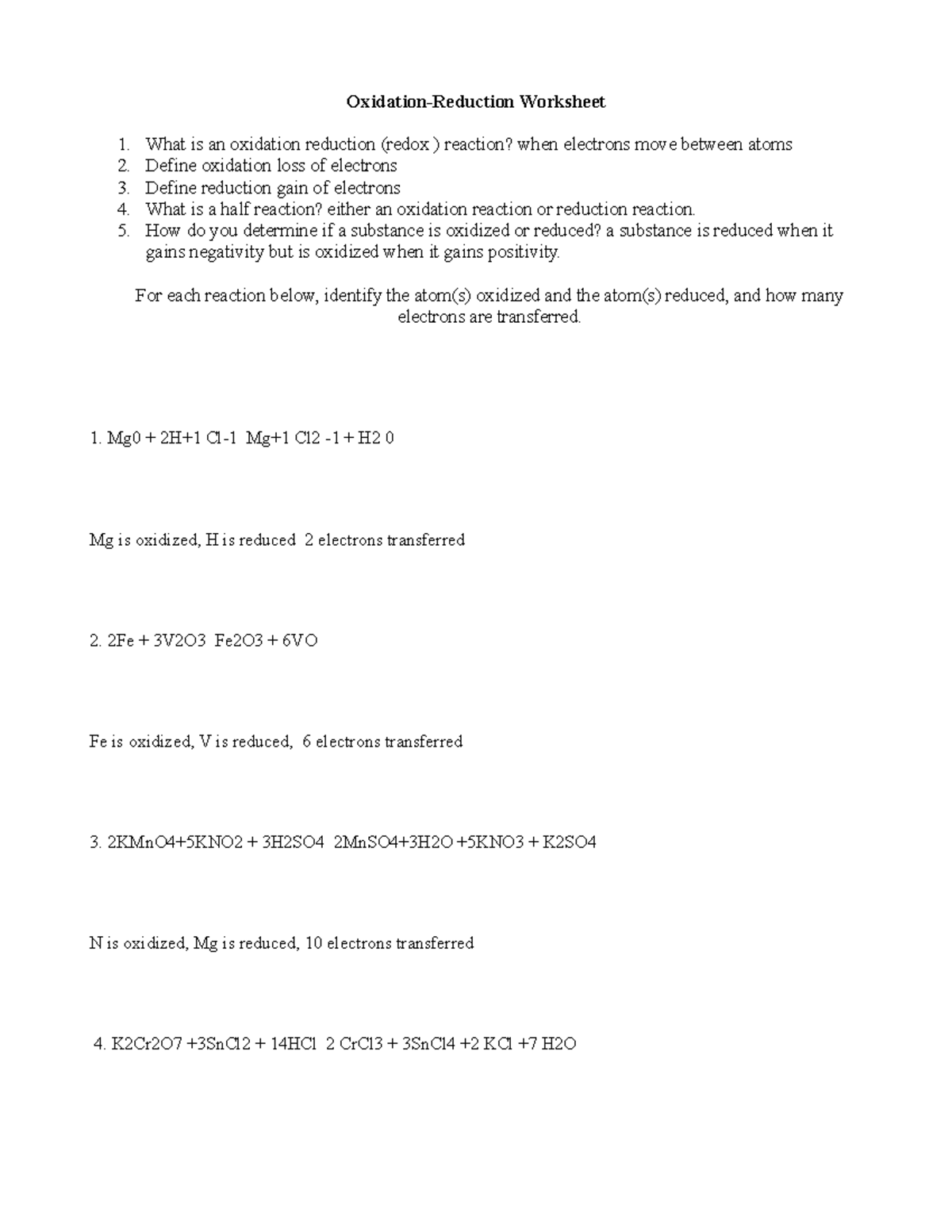 Redox wrksht practice - answers - Oxidation-Reduction Worksheet 1. What ...