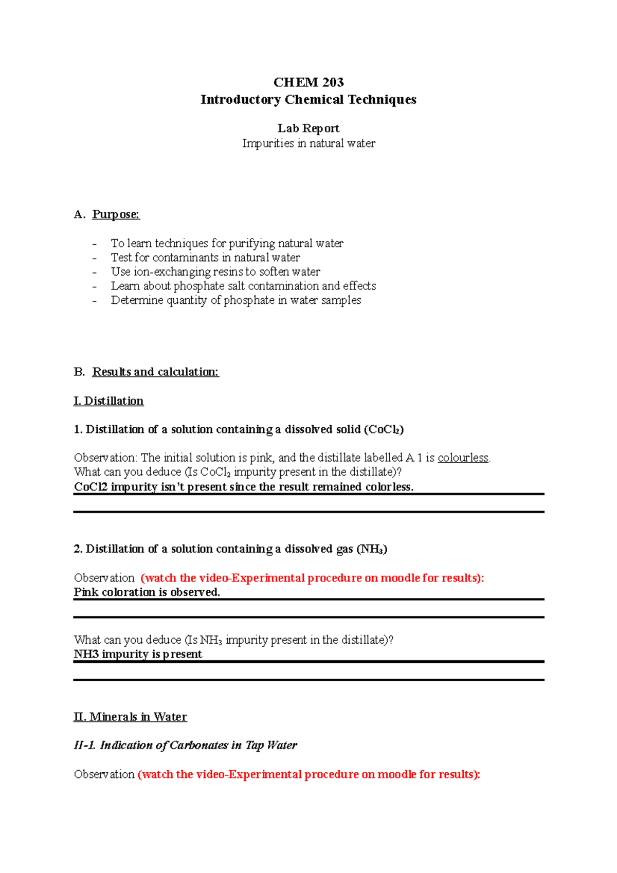 Lab Report Exp. 4-Impurities in natural water -with data - CHEM 203 ...