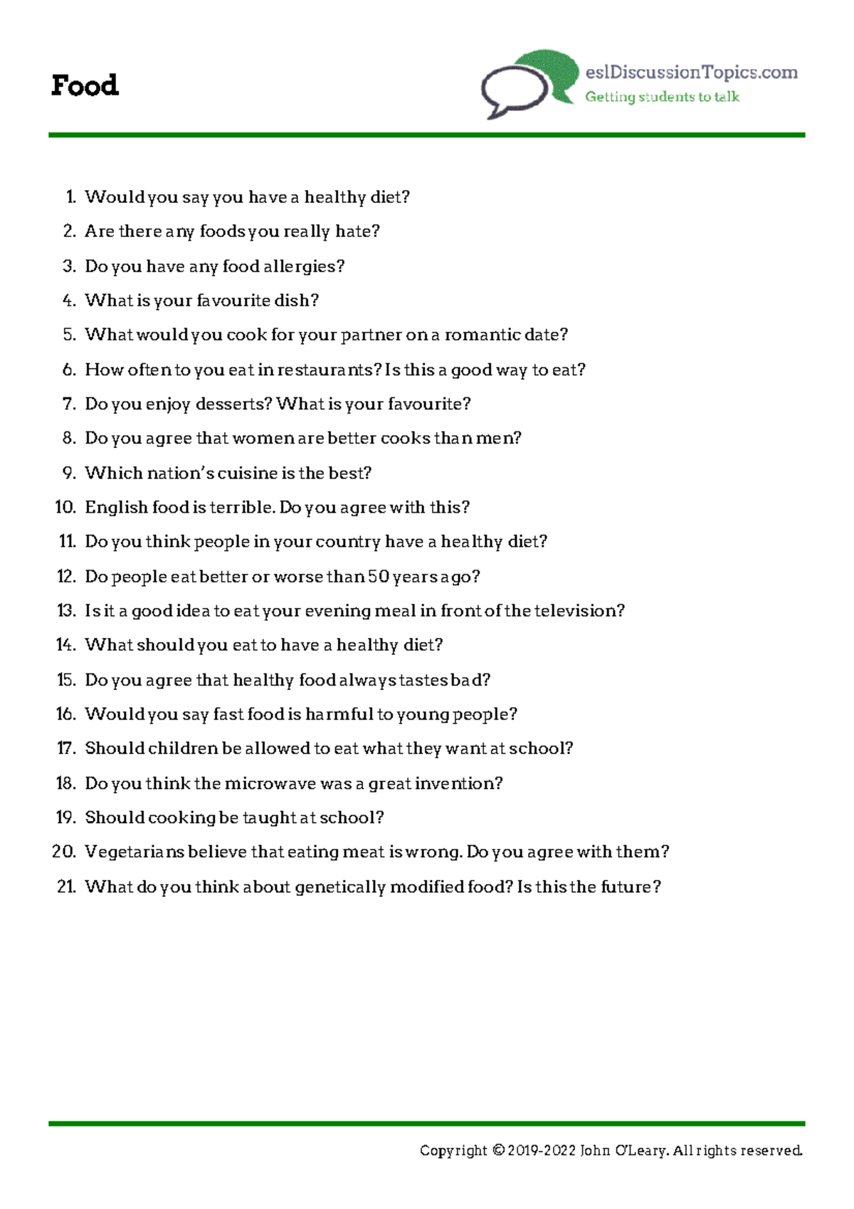 ESL Discussion Food Formative Assessment Food Would You Say You