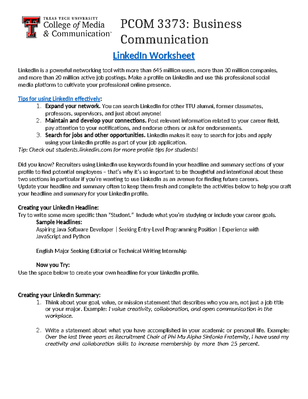 PCOM 3373 Linked In Worksheet - PCOM 3373: Business Communication LinkedIn Worksheet LinkedIn is ...