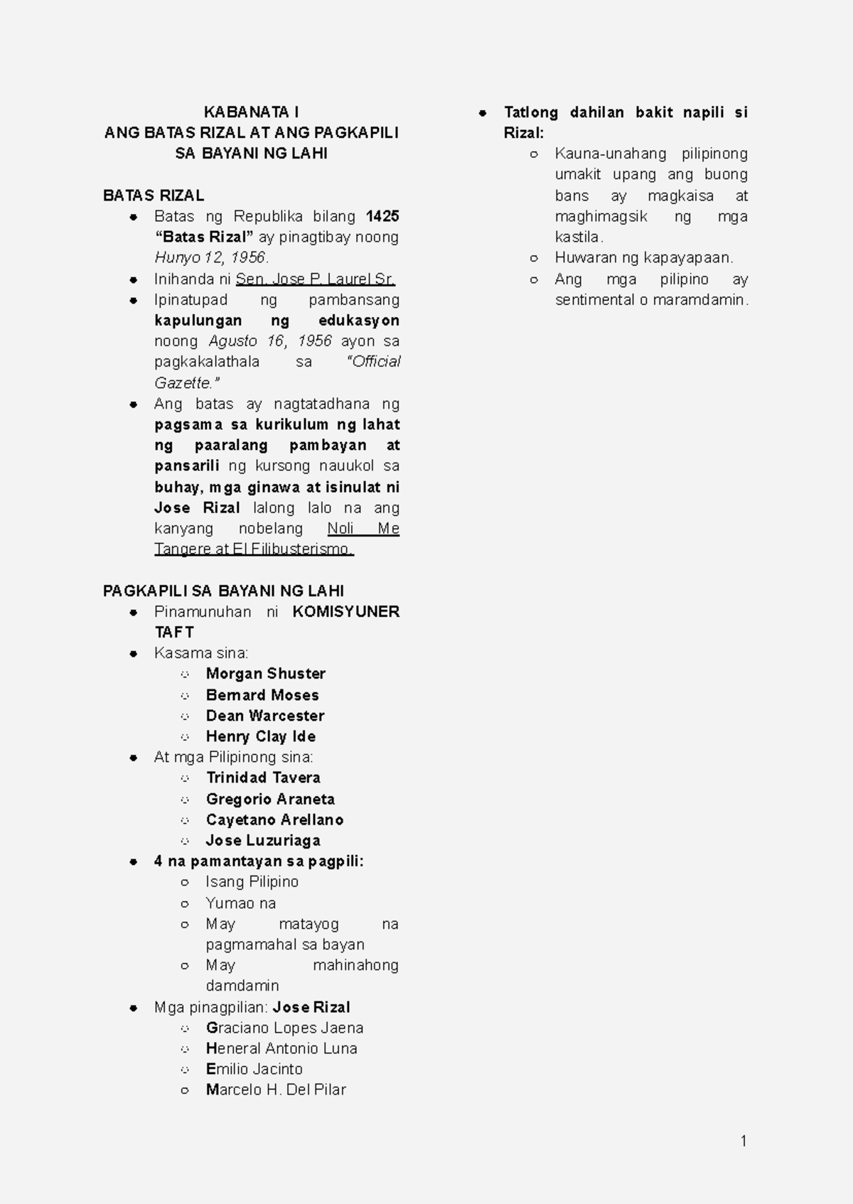 Rizal-Handouts-Summary - KABANATA I ANG BATAS RIZAL AT ANG PAGKAPILI SA ...