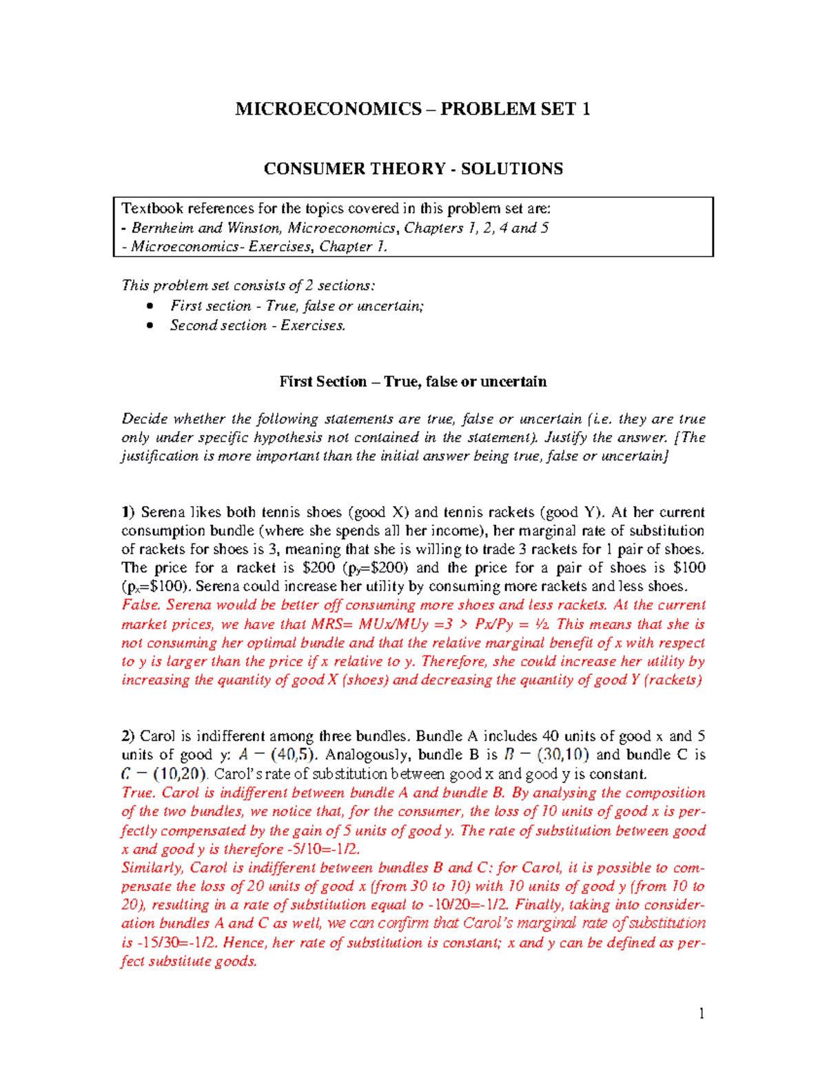 Microeconomics - Problem SET 1 sol - MICROECONOMICS – PROBLEM SET 1 CONSUMER THEORY - SOLUTIONS ...