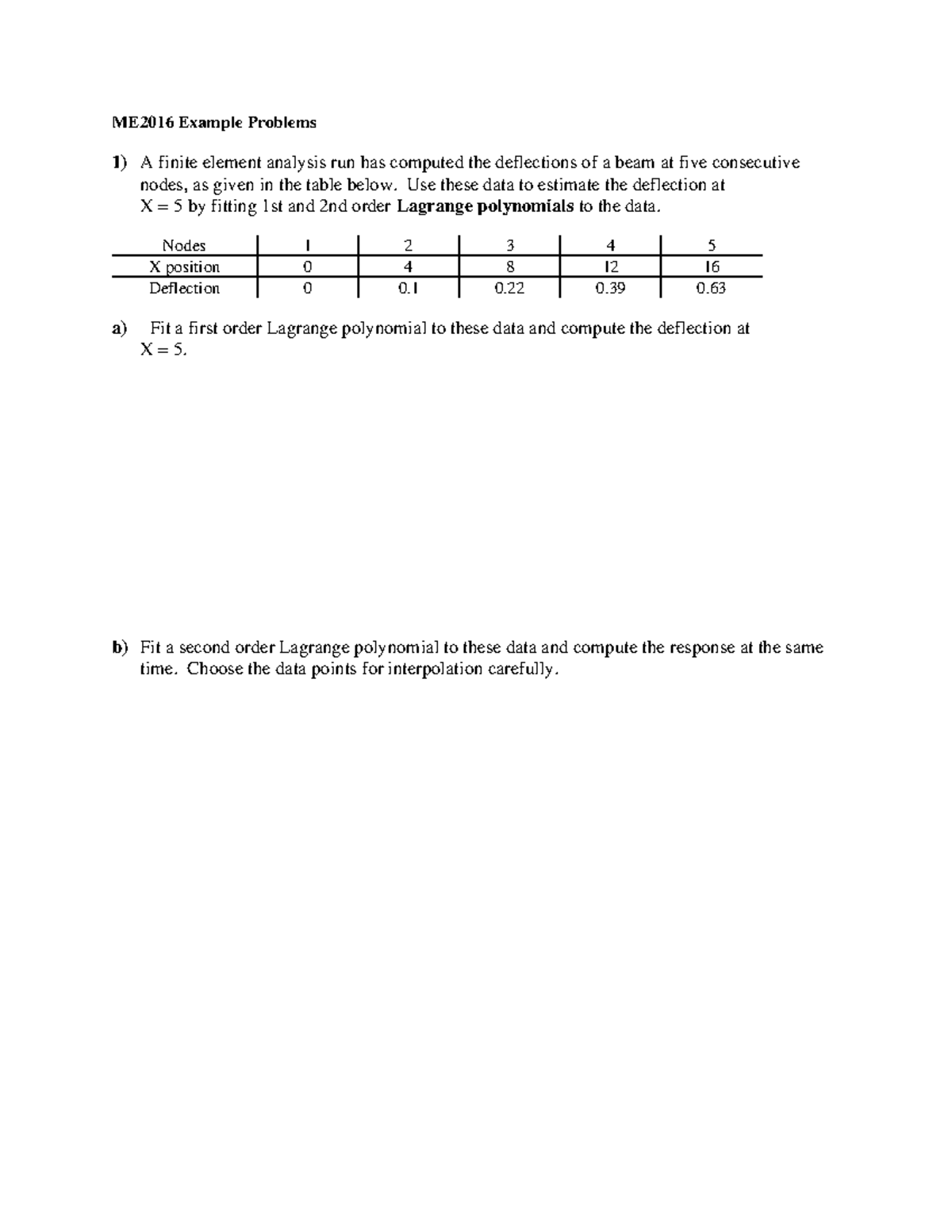 ME2016 Example Problems - Use these data to estimate the deflection at ...