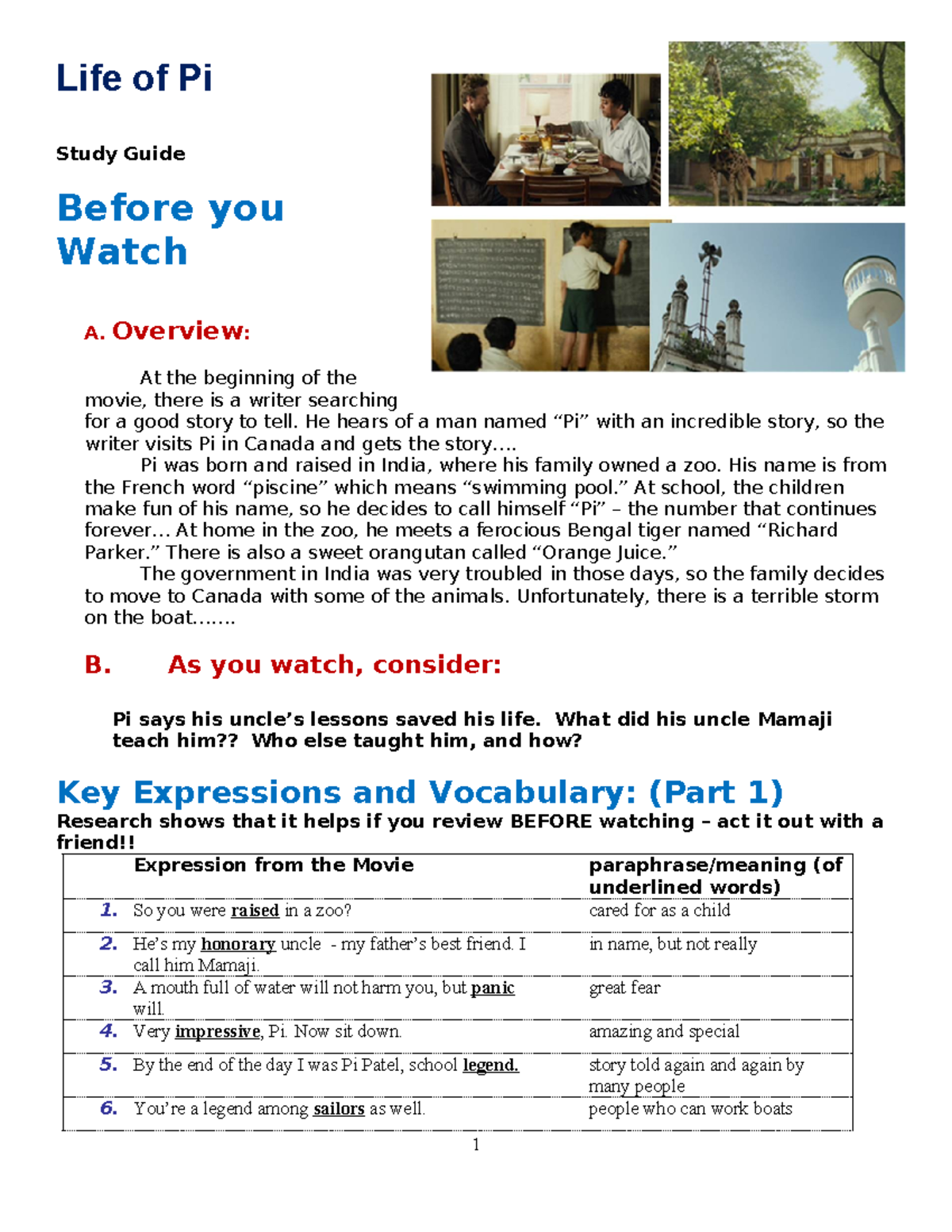 Life of pi study guide part 1 2 for ilc - Life of Pi Study Guide Before ...