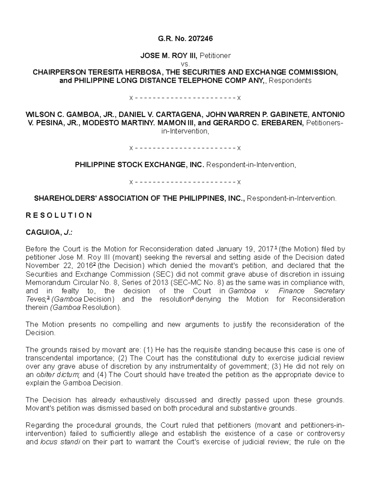 Corporations and Securities - GR No 207246 - G. No. 207246 JOSE M. ROY ...