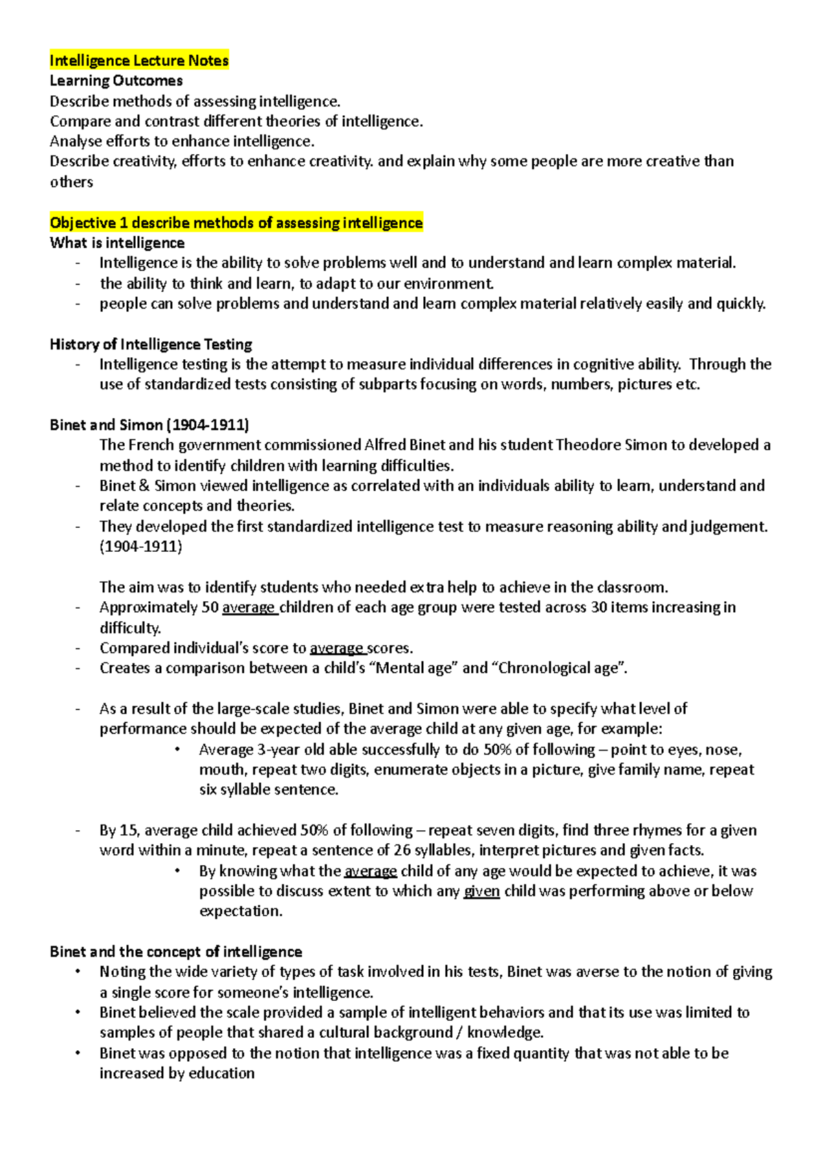 Intelligence Lecture Notes - Intelligence Lecture Notes Learning ...