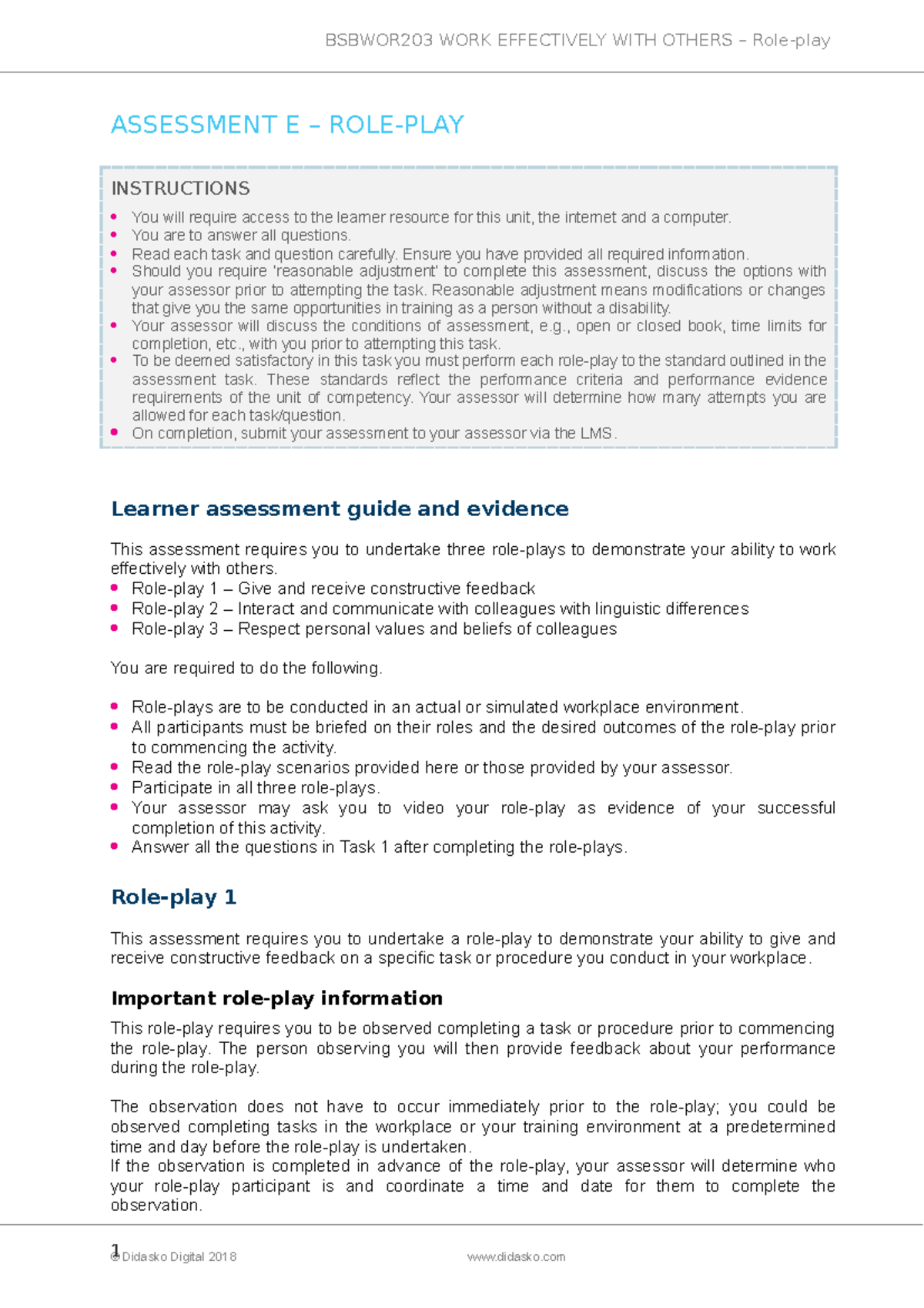 Prateek role play - you can do as you need - ASSESSMENT E – ROLE-PLAY ...