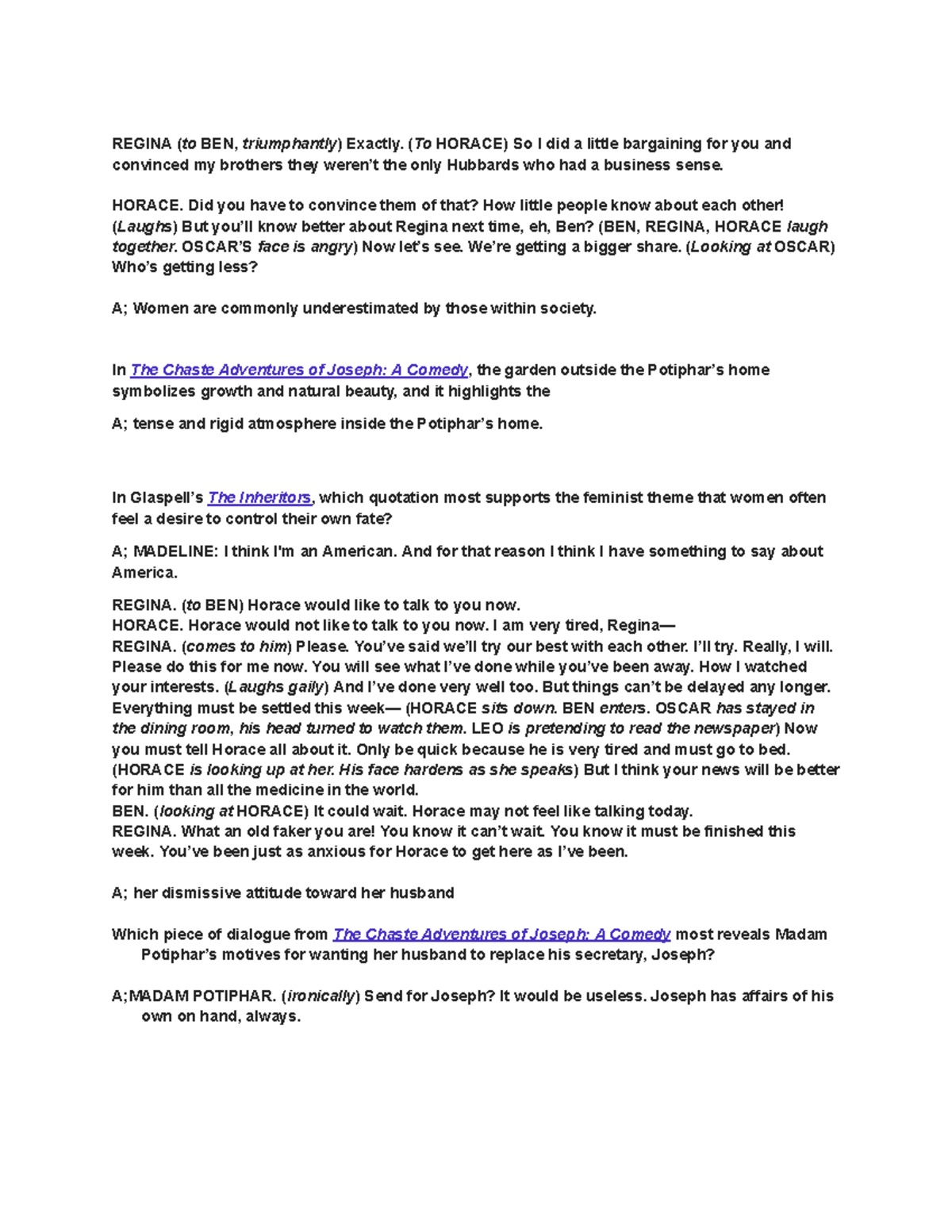 Ela unit 5 - unit 5 ela notes - REGINA (to BEN, triumphantly) Exactly ...