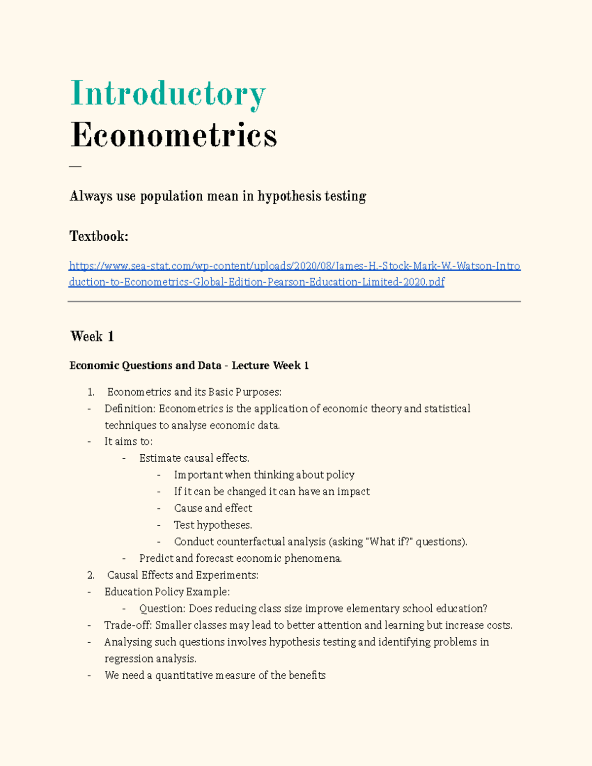 Econometrics - Introductory Econometrics ___ Always use population mean ...
