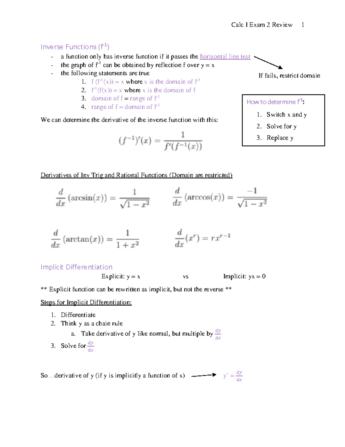 Calc I Exam 2 Review - Inverse Functions (f-1) a function only has ...