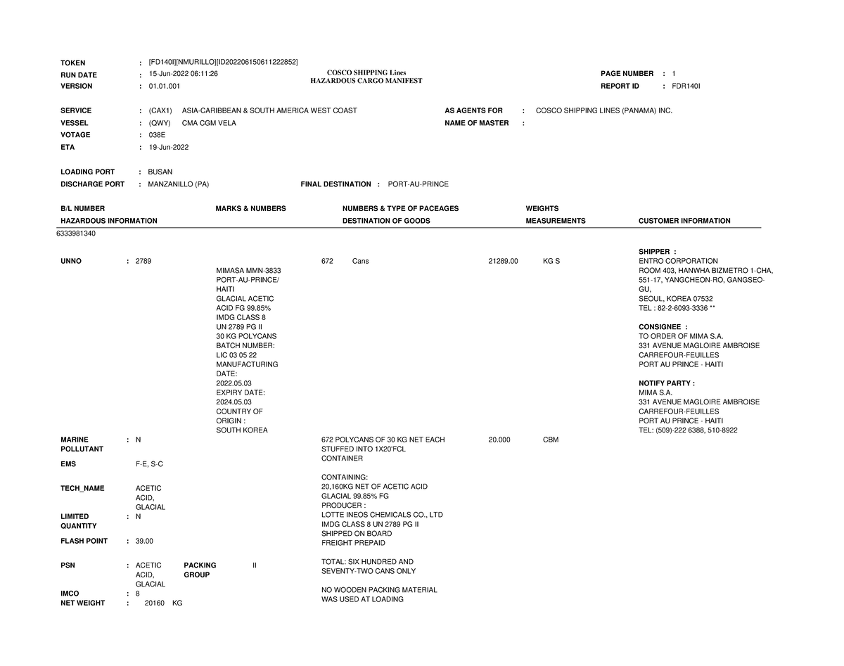 DG Manifest MV CMA CGM VELA 038W - TOKEN : [FD140I][NMURILLO ...
