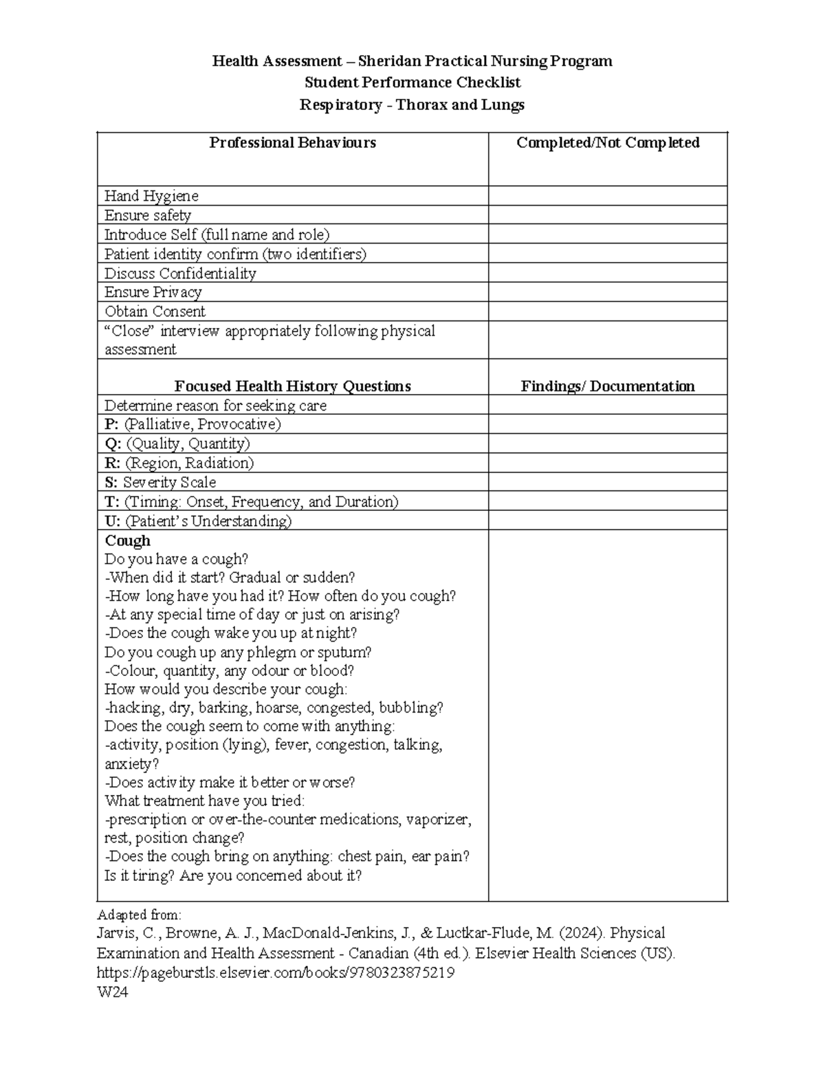 Respiratory Performance Checklist SS24 - Student Performance Checklist ...