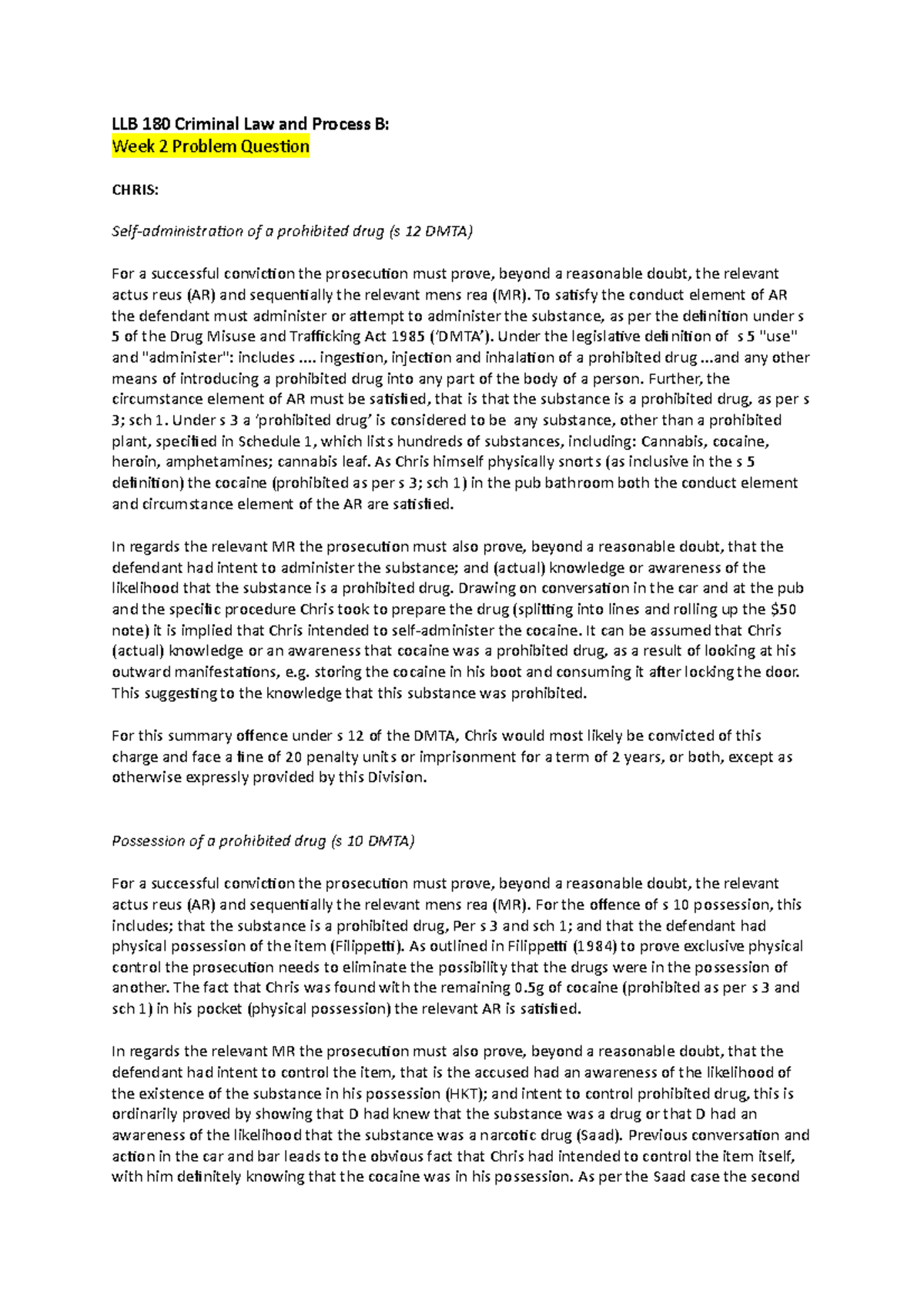 LLB1180- week 2 problem question - LLB 180 Criminal Law and Process B ...