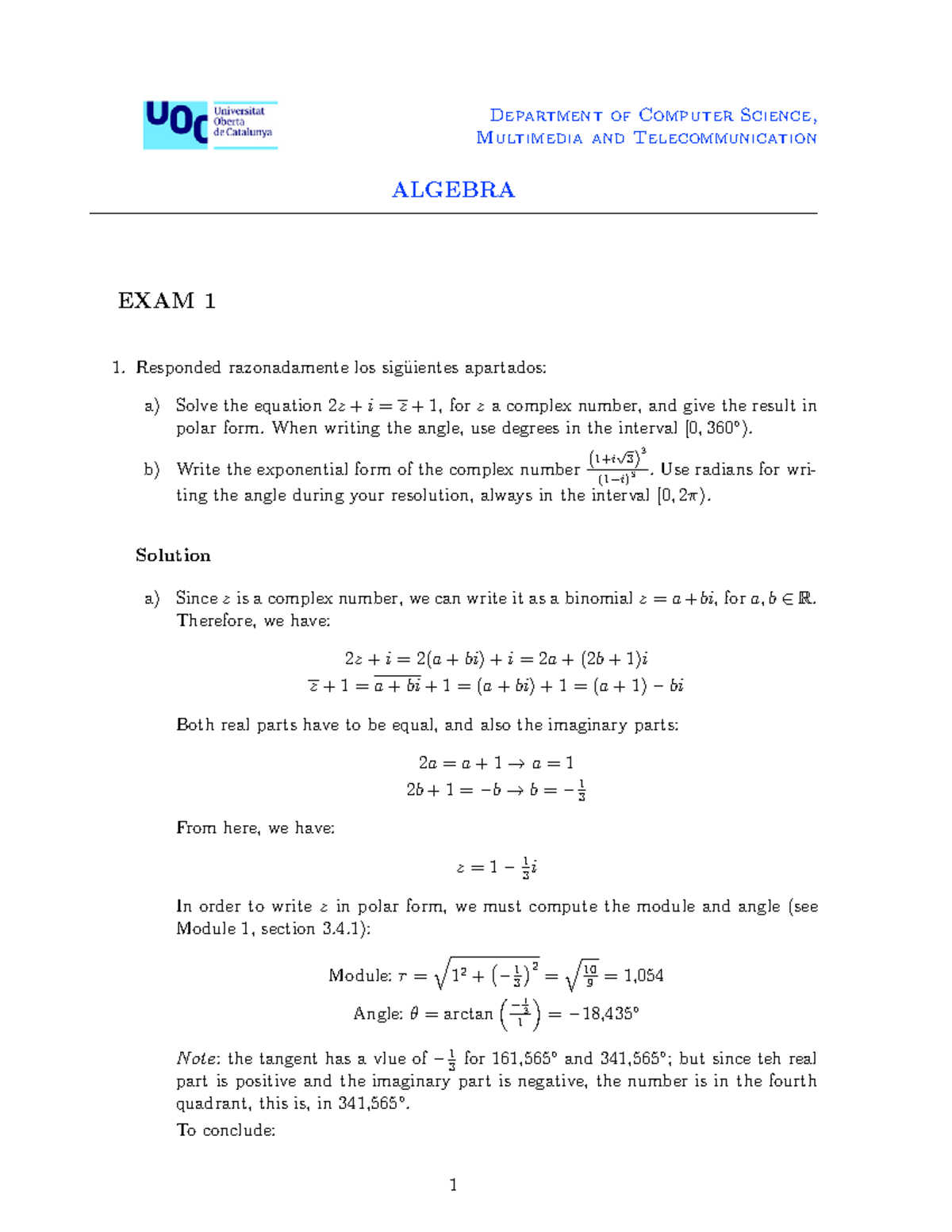 Algebra Exam Solutions - Department of Computer Science, Multimedia and ...