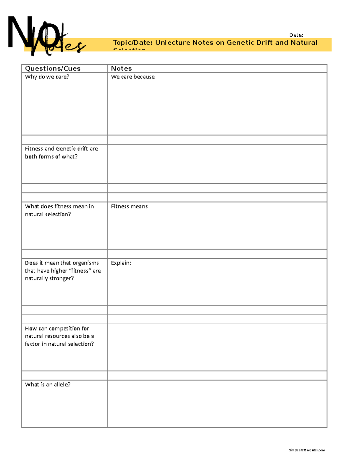 Unlecture notes on Genetic Drift and Natural Selection - Questions/Cues ...