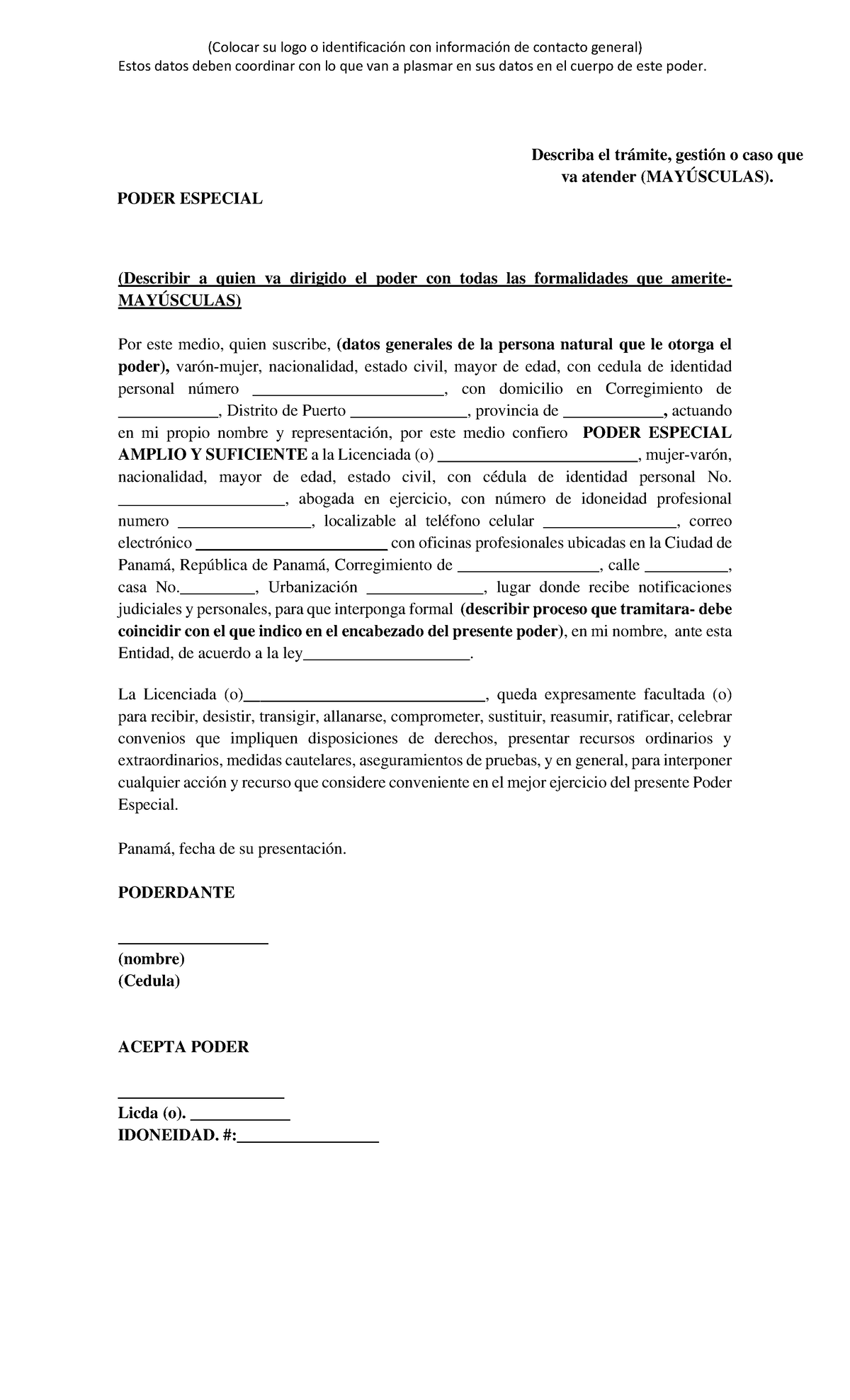 Modelo DE Poder Persona Natural - (Colocar su logo o identificación con ...