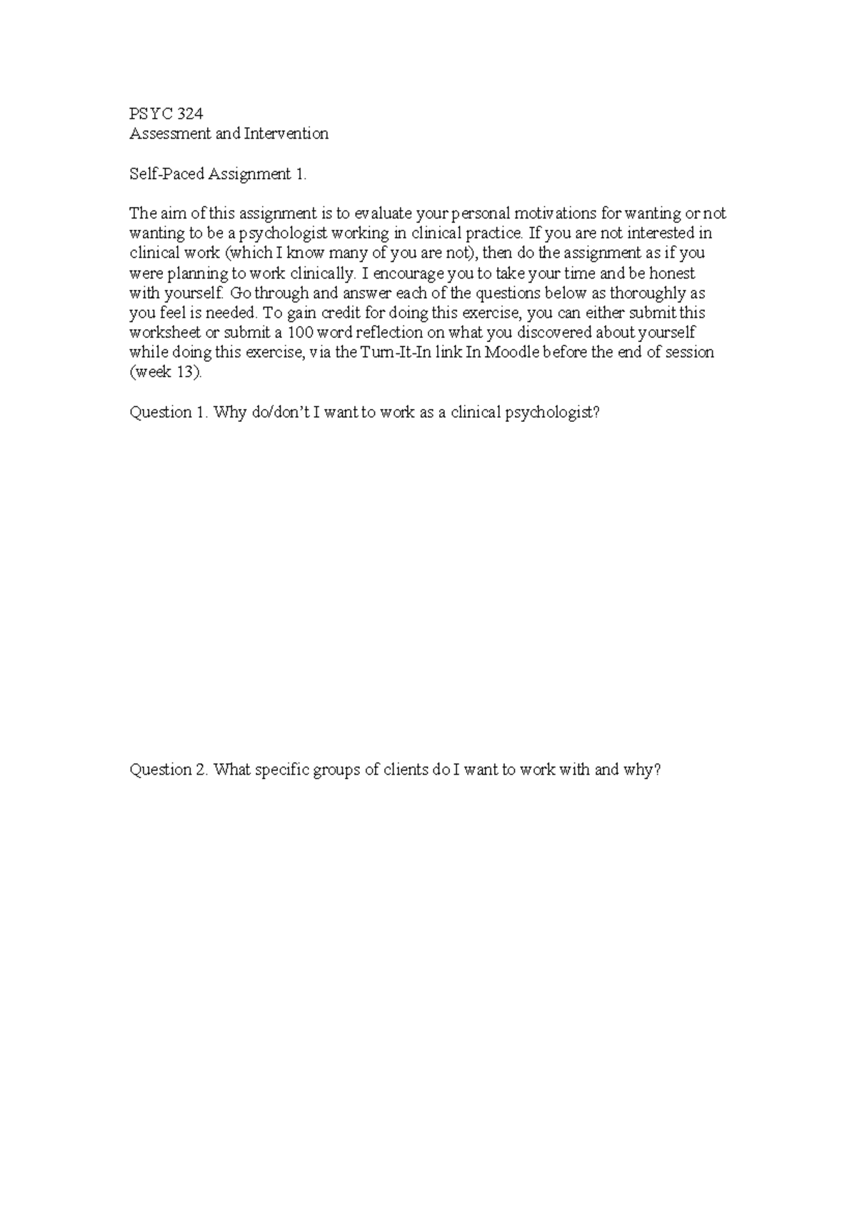 Self-Paced assignment 1 - PSYC 324 Assessment and Intervention Self ...