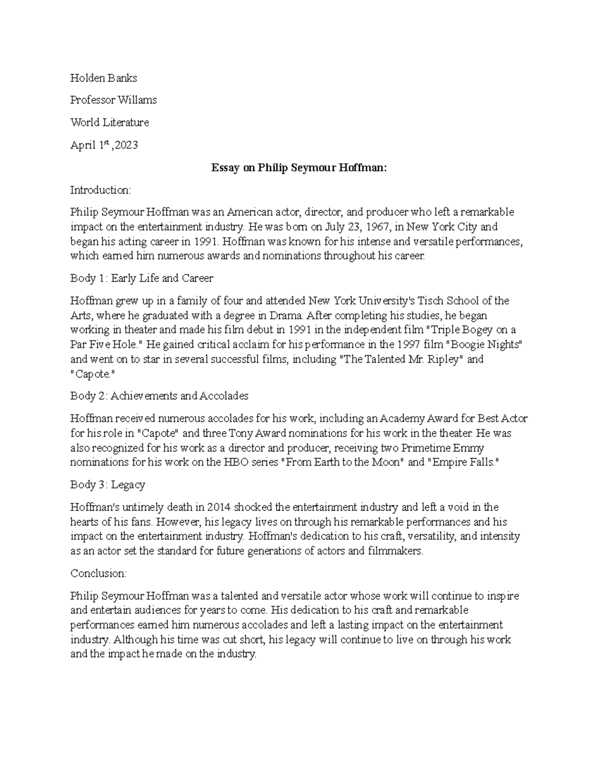 Essay on Philip Seymour Hoffman - Holden Banks Professor Willams World ...