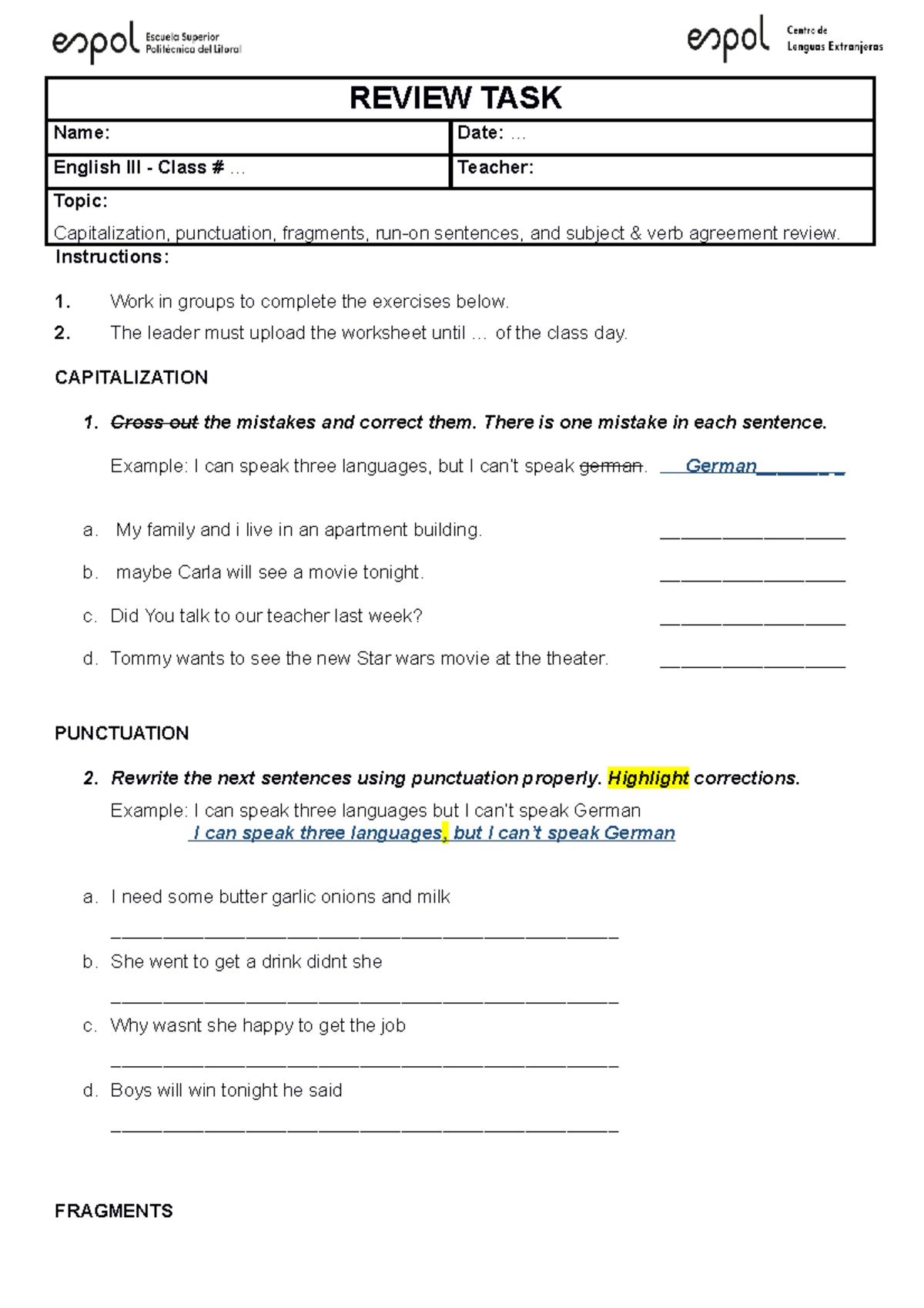 Review TASK 1 Capitalization, Punctuation, Fragments, Run-on sentences ...