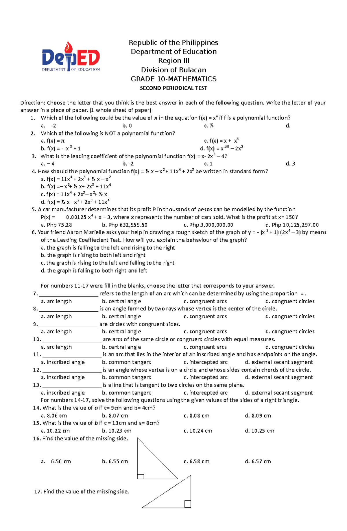 2nd quarter test math 10 paper - Republic of the Philippines Department ...