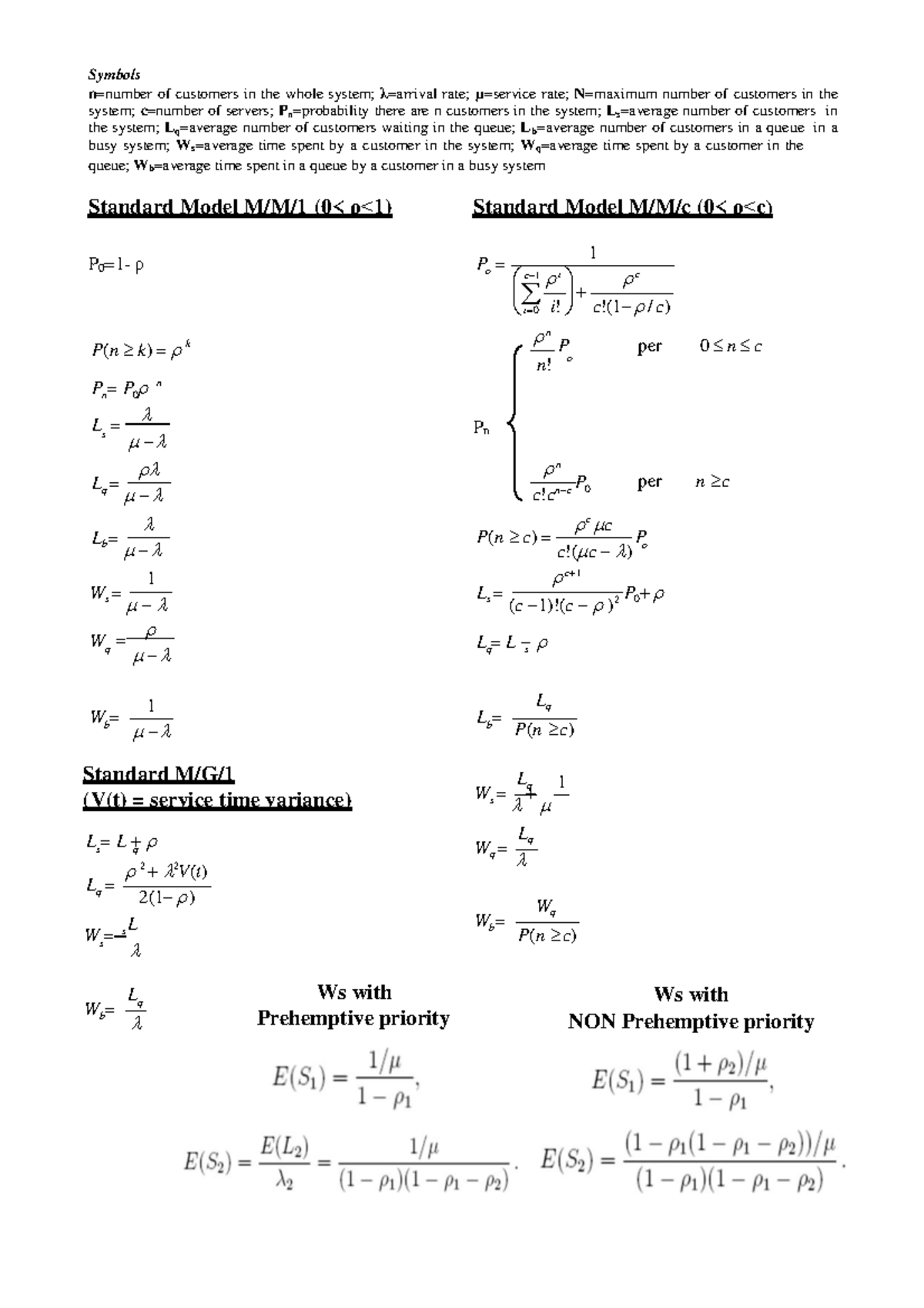 Queue Theory Formulas - Symbols n =numberofcustomersinthe whole system ...