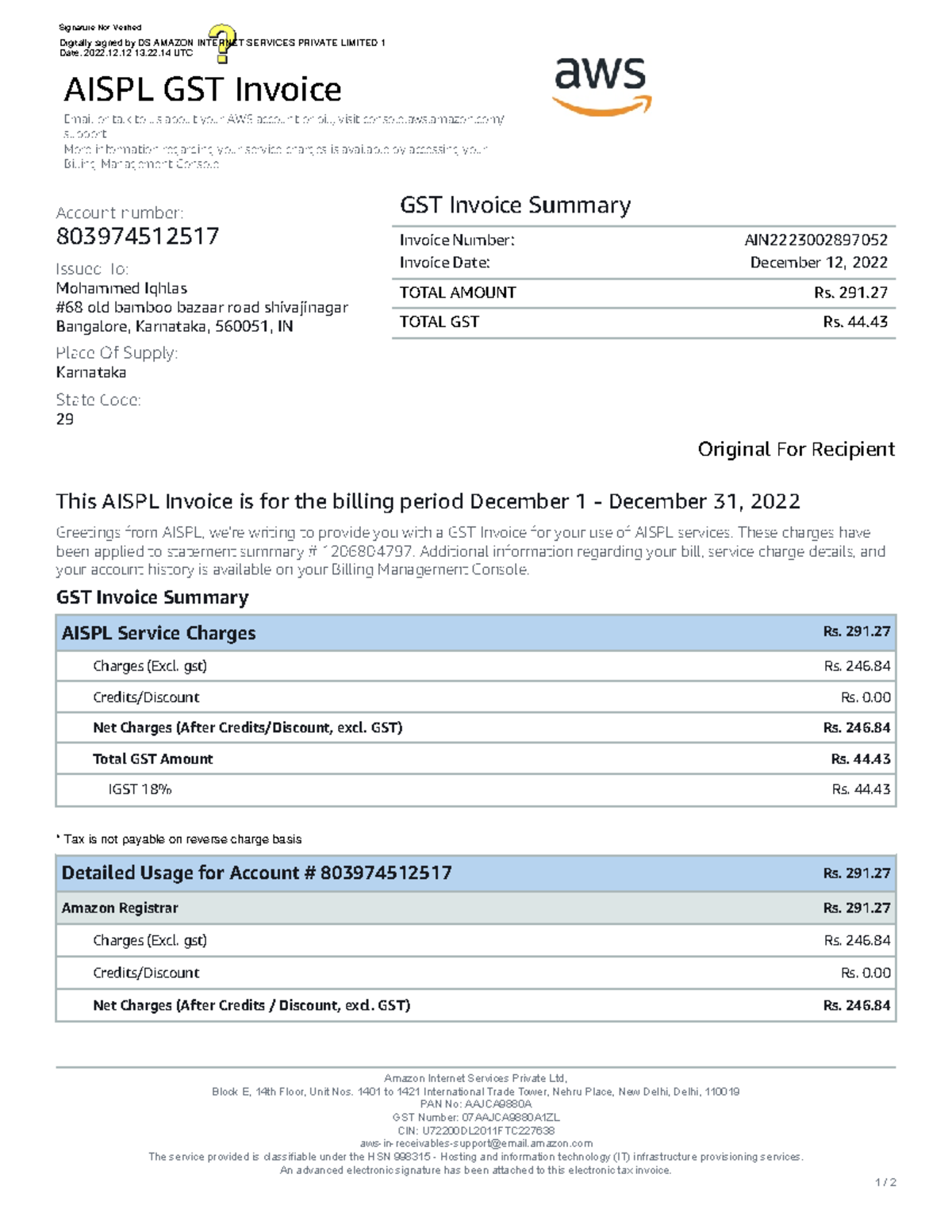 Tax Invoice AWS - AISPL GST Invoice Email or talk to us about your AWS ...
