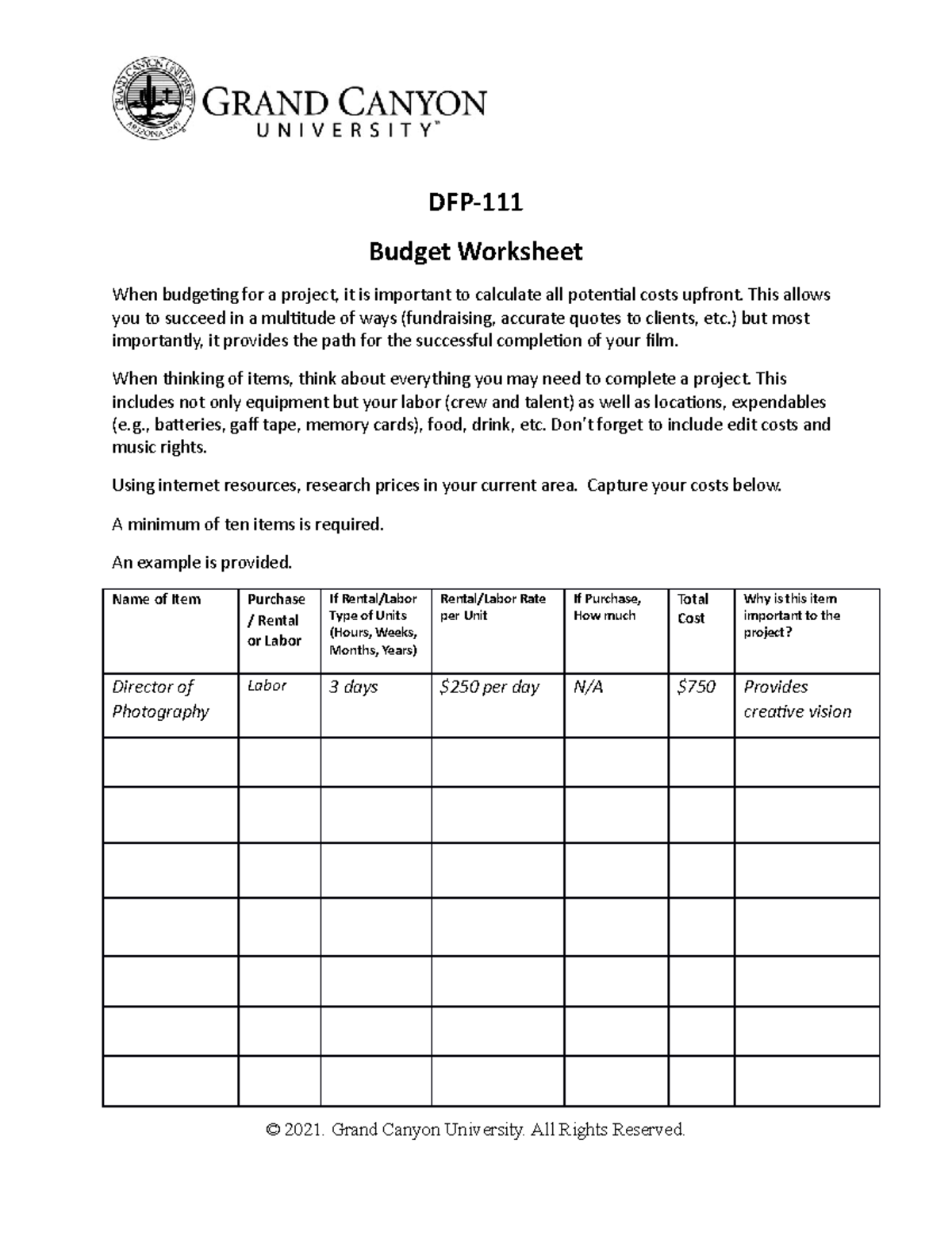 DFP-111-RS-Budget Worksheet - DFP- Budget Worksheet When budgeting for a project, it is ...