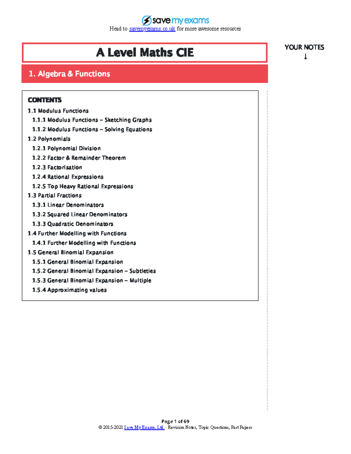 1 - Algebra and Functions - Page 1 of 69 A Level Maths CIE 1. Algebra ...