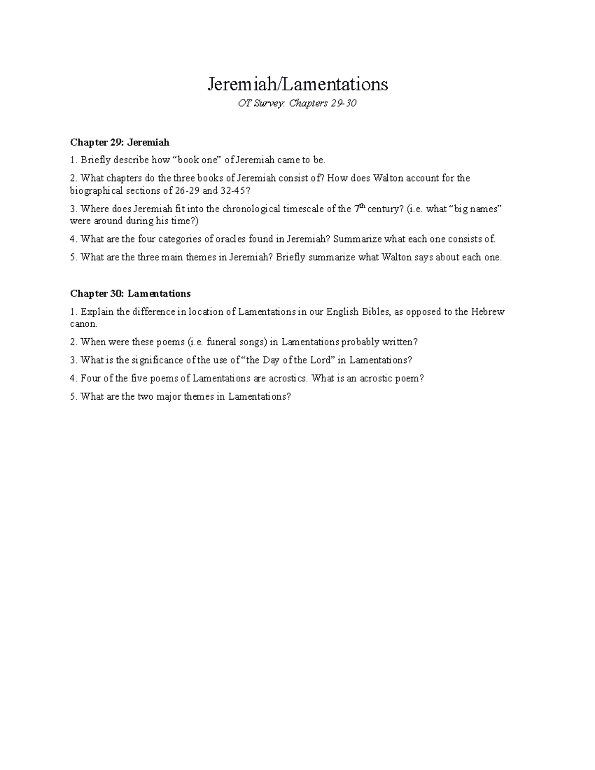 Chapters 29-30 Jeremiah-Lamentations - Jeremiah/Lamentations OT Survey ...