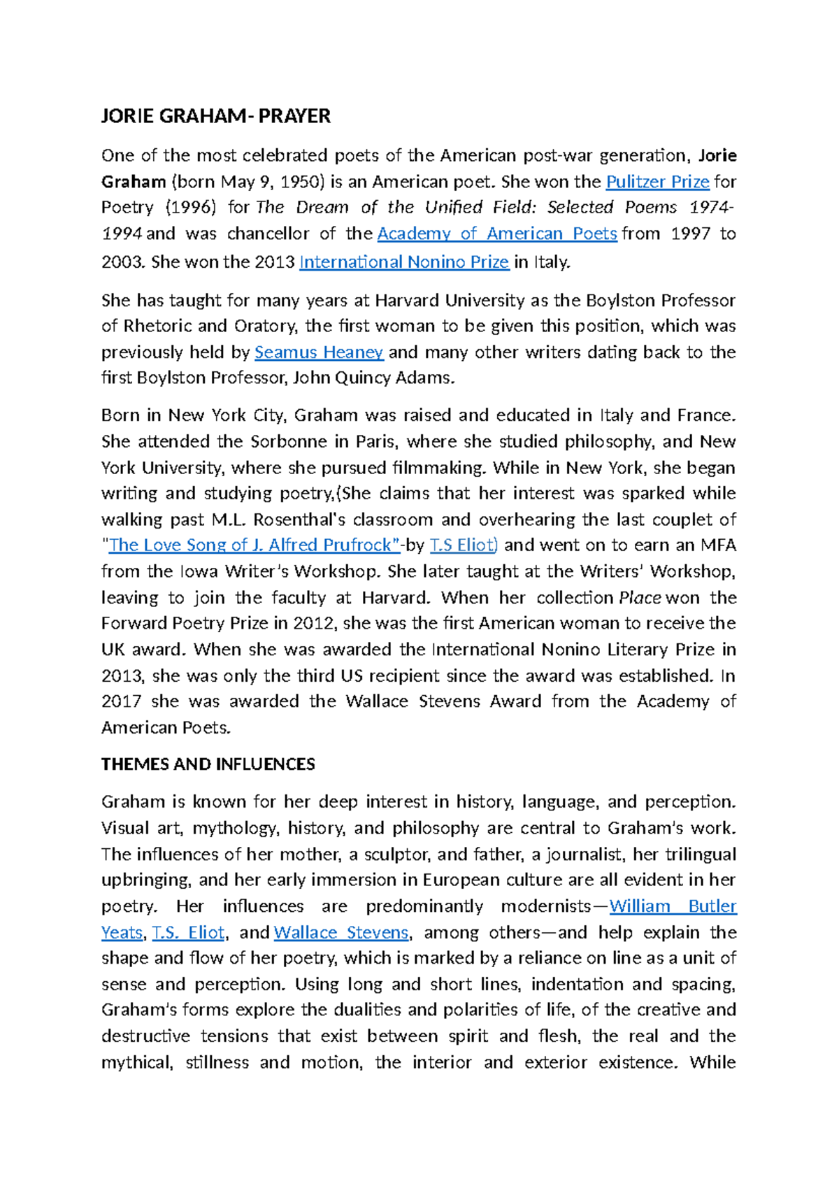 Jorie Graham - JORIE GRAHAM- PRAYER One of the most celebrated poets of ...