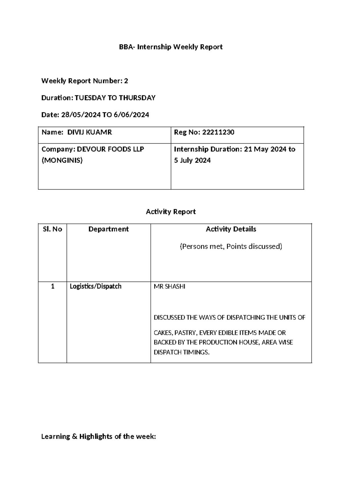 SIP Weekly Report - 2 - ff e - BBA- Internship Weekly Report Weekly ...