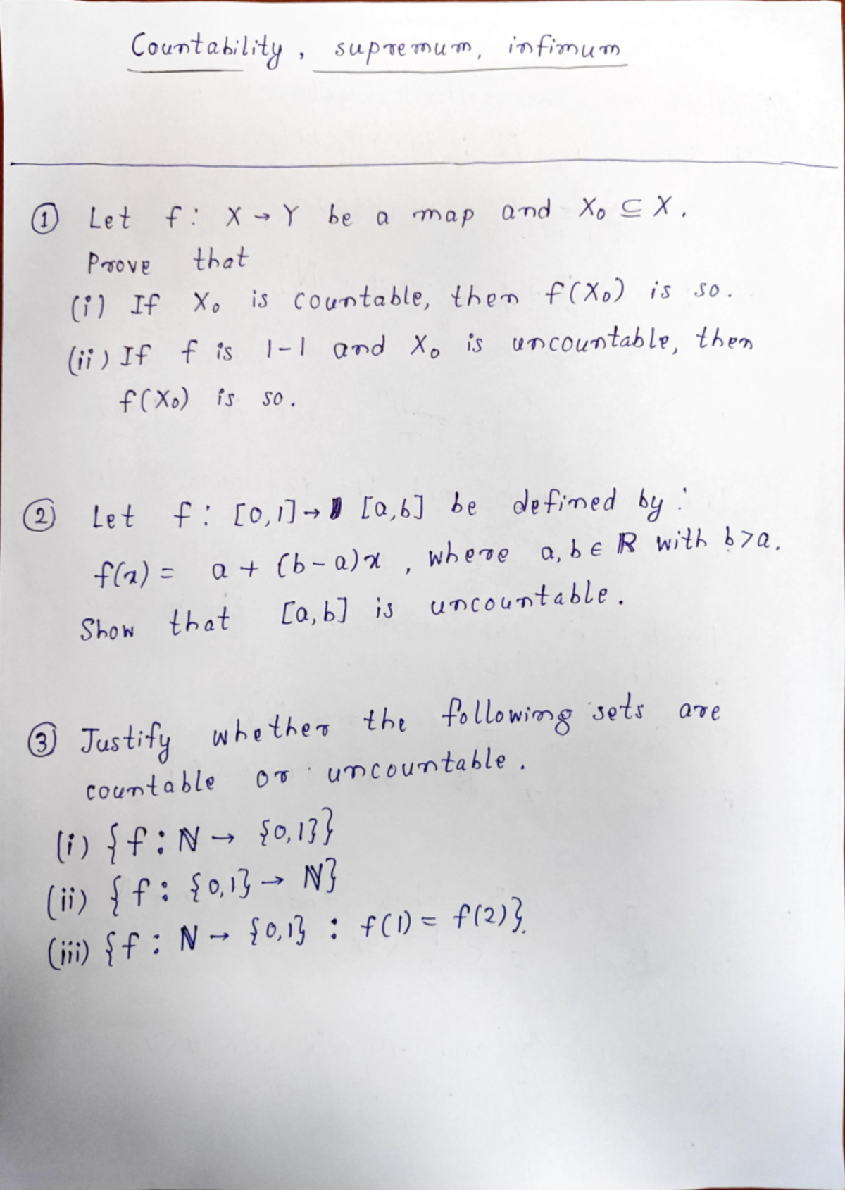 Real Analysis Assignment 1 2024 - Countability , supremum, infirmum 1 Let f: X Y be a map and Xo ...