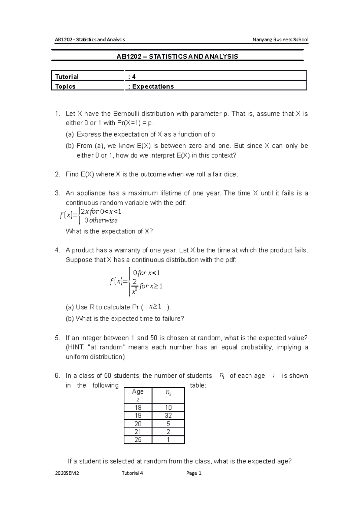 Tutorial Assignment Questions week 4(1) - AB1202 - Statistics and ...